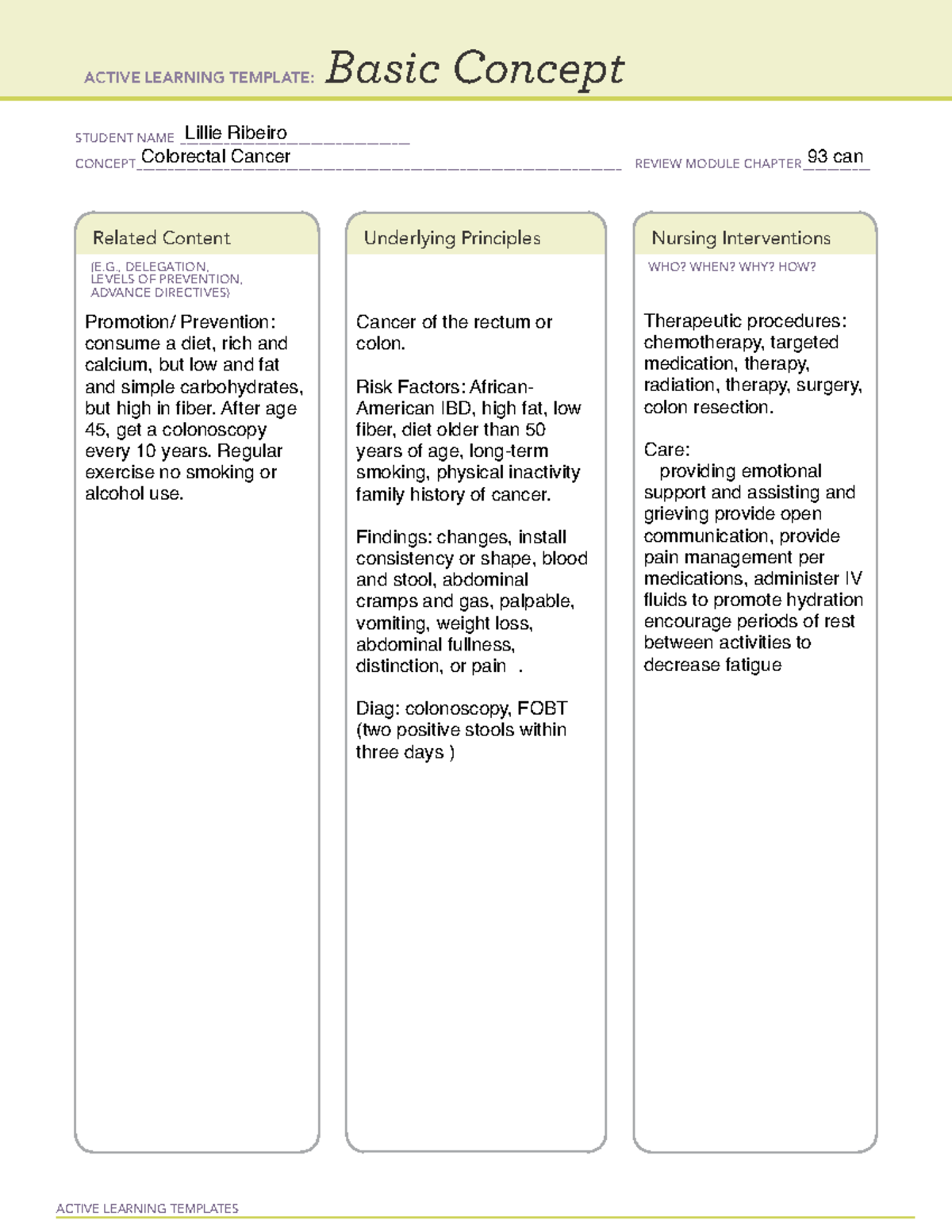 ACTIVE LEARNING TEMPLATE: Colorectal Cancer Concepts & Interventions ...
