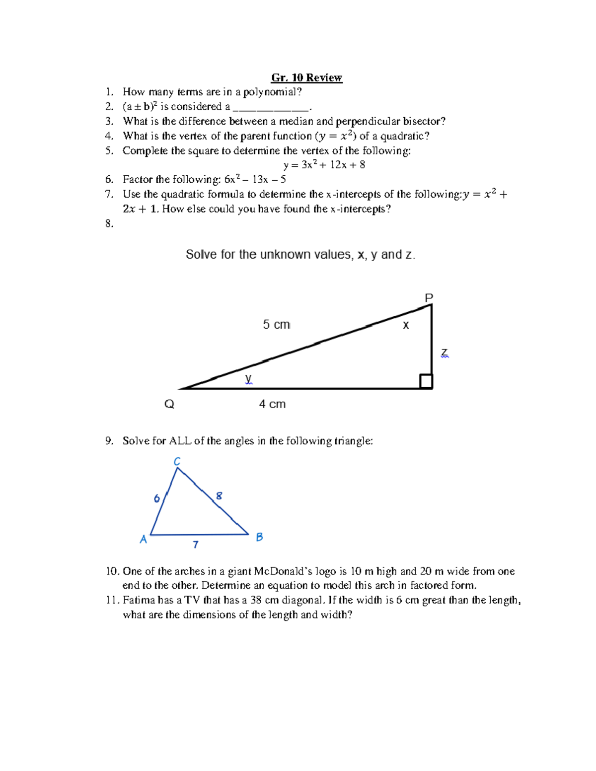 Gr. 10 Math Review: Polynomials, Quadratics, and Geometry Concepts ...