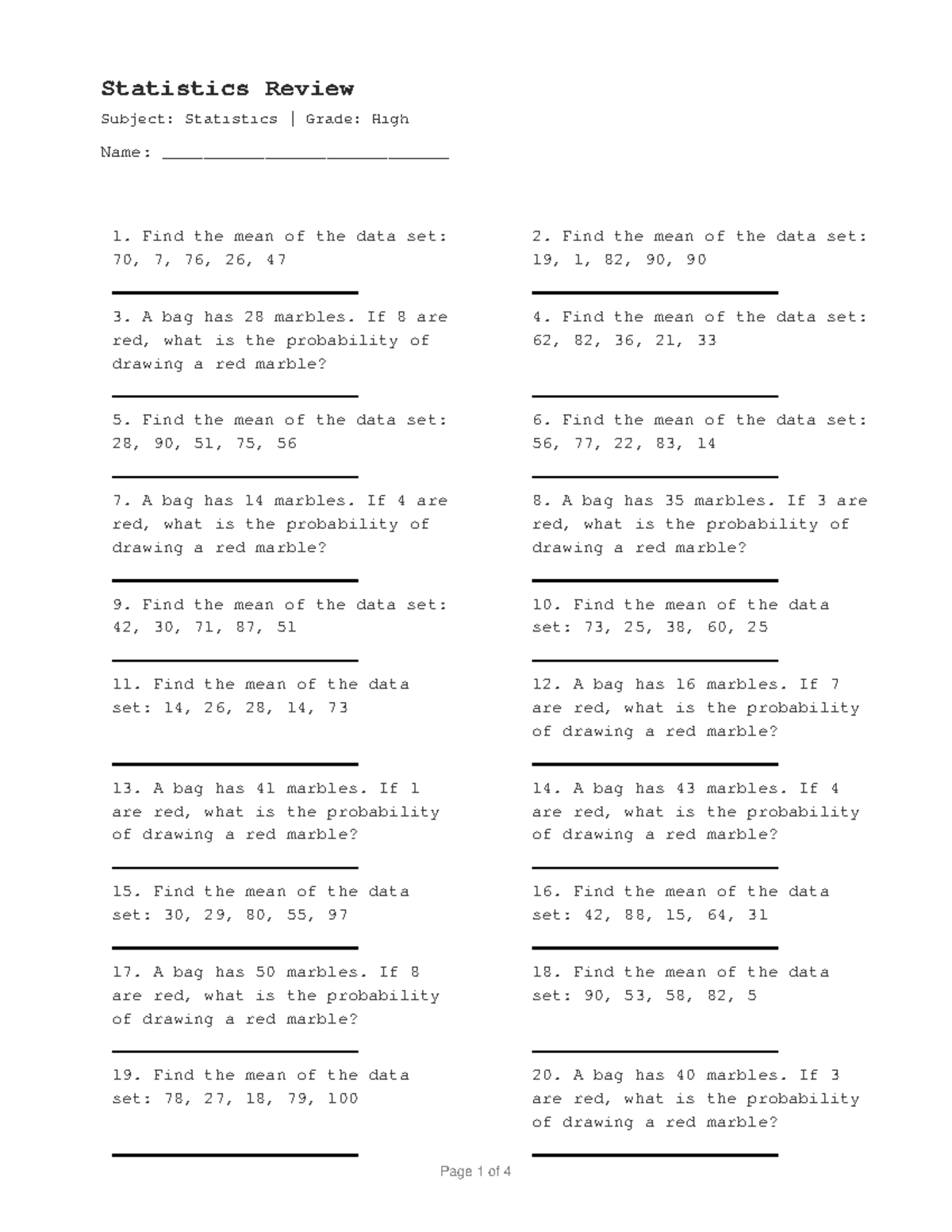 Statistics Review 9: Mean & Probability Exercises - Studocu