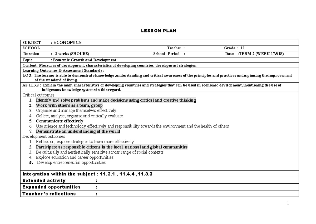 25.36-Econ Grade 11 Lesson Plan on Economic Growth & Development - Studocu
