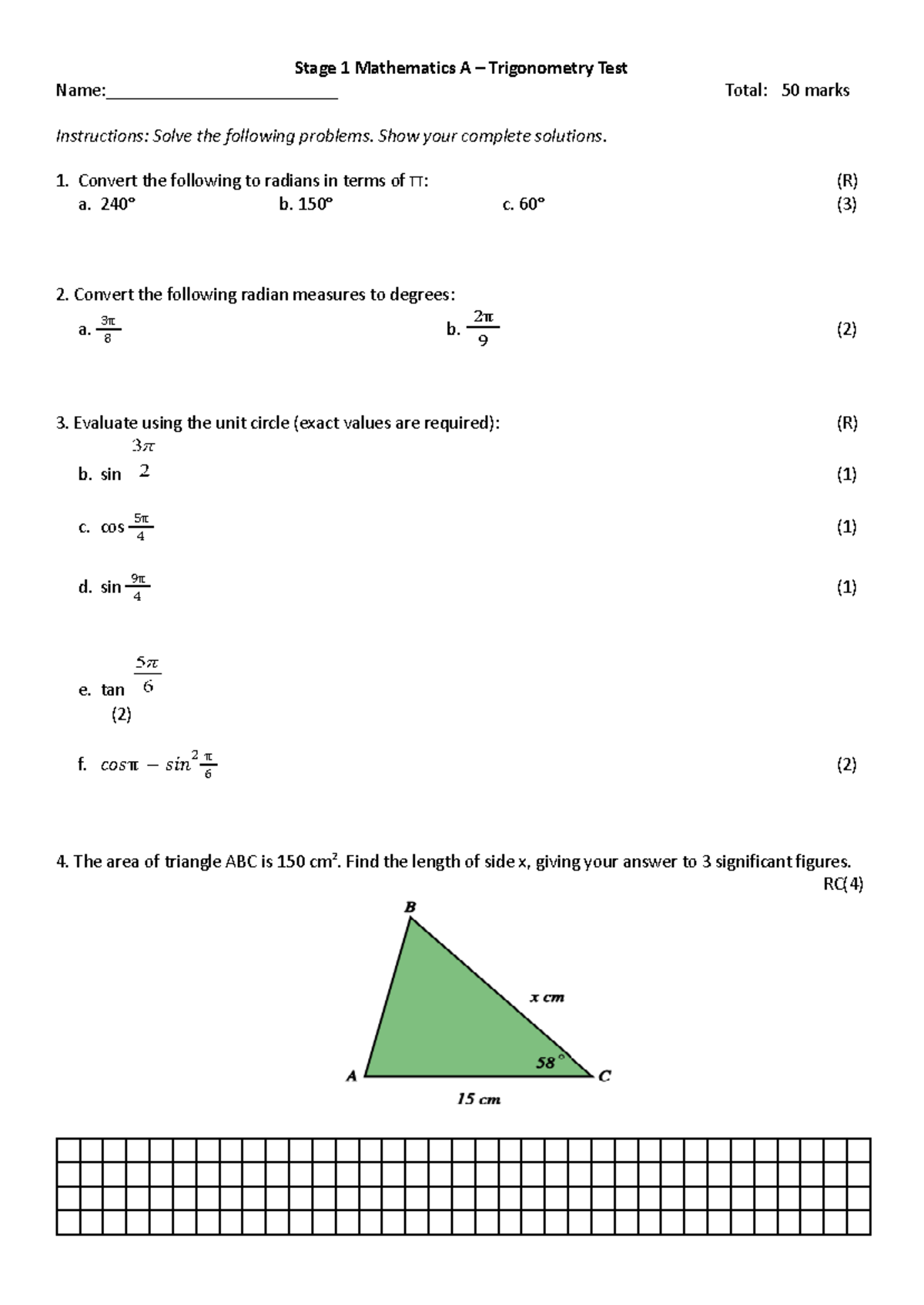 Trigonometry Test - Stage 1 Mathematics A 2022: Comprehensive Problems ...