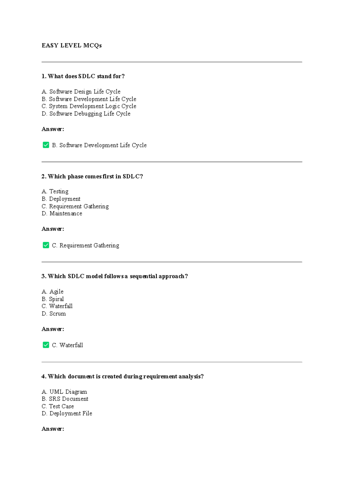 MCQ on SDLC Models - Easy Level Quiz - Studocu