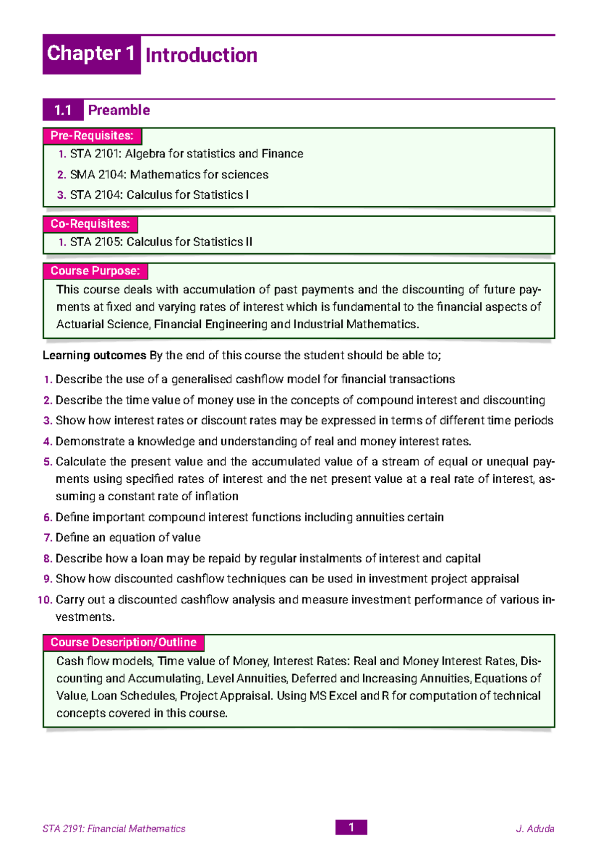 STA 2191: Financial Mathematics - Chapter 1: Introduction to Financial ...
