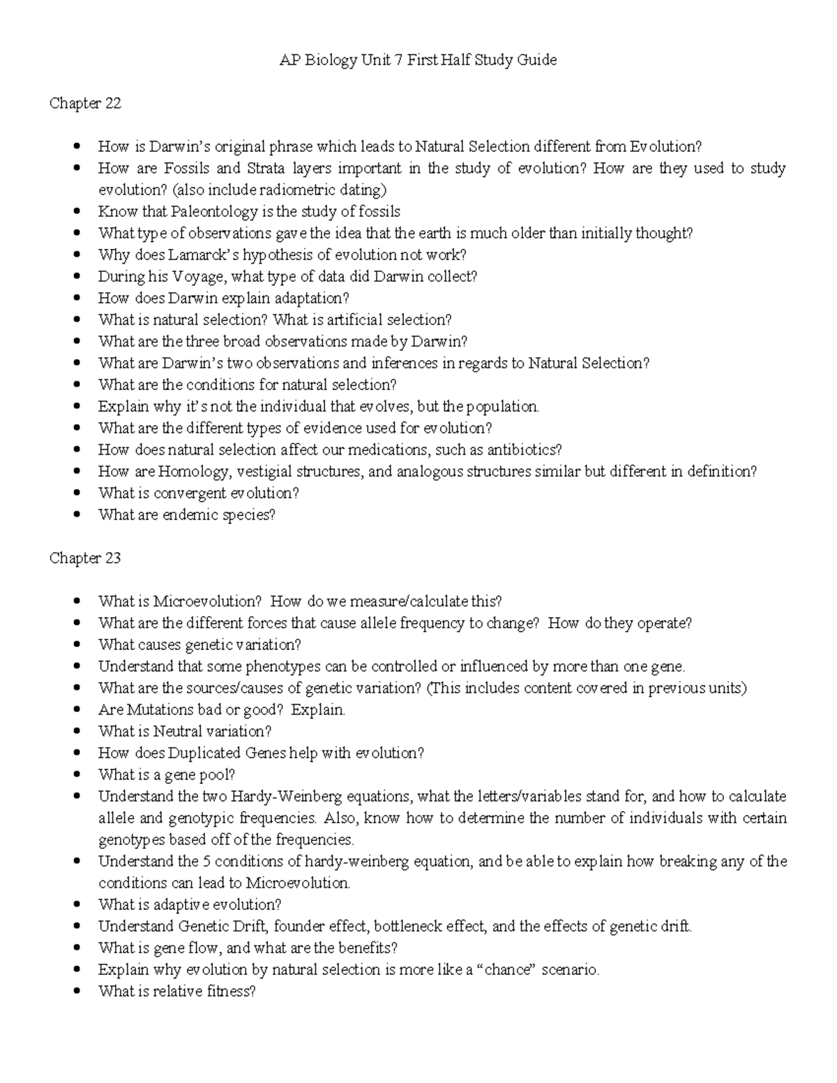 AP Biology Unit 7 Final Exam Study Guide: Evolution & Natural Selection ...