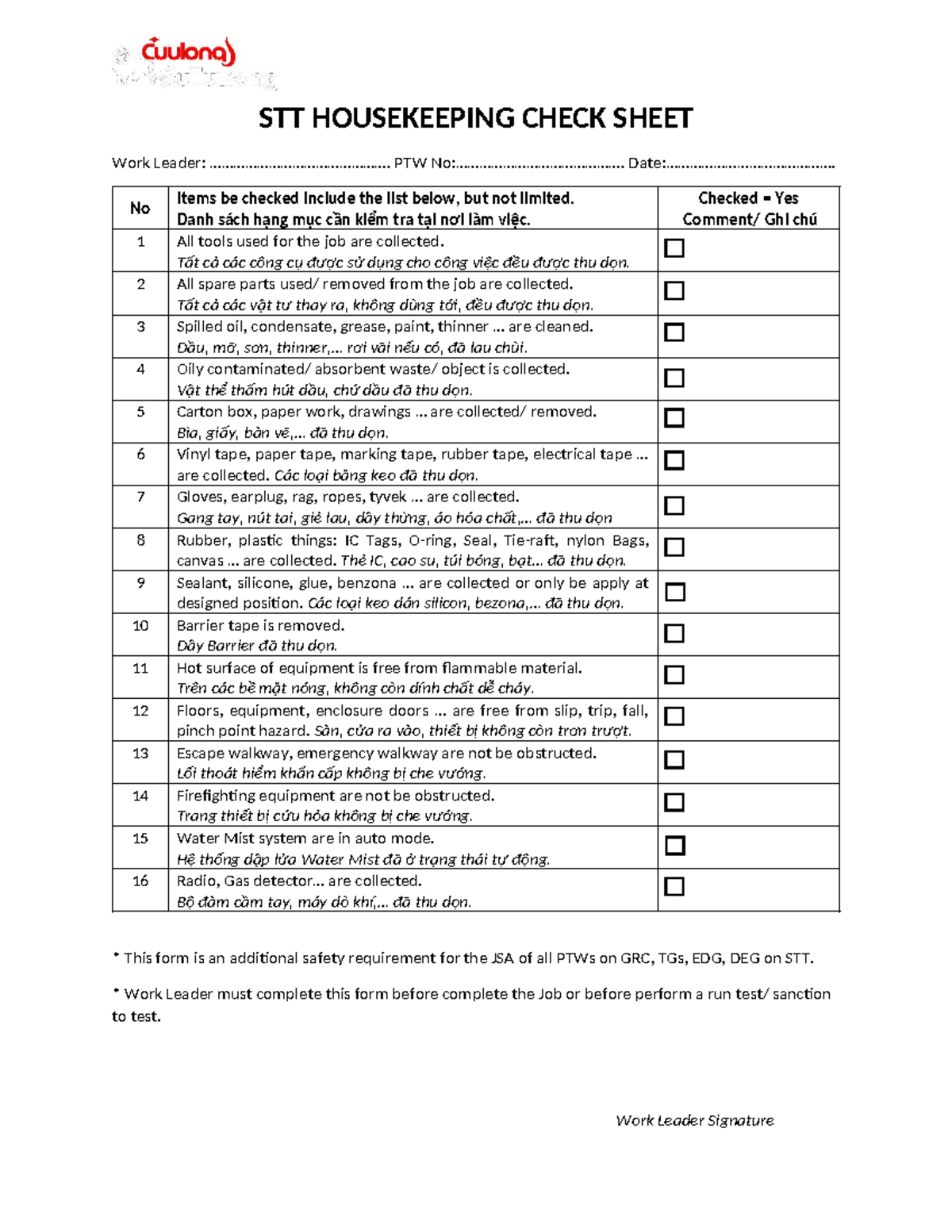 STT Housekeeping Check Sheet for PTW Safety Compliance - Studocu