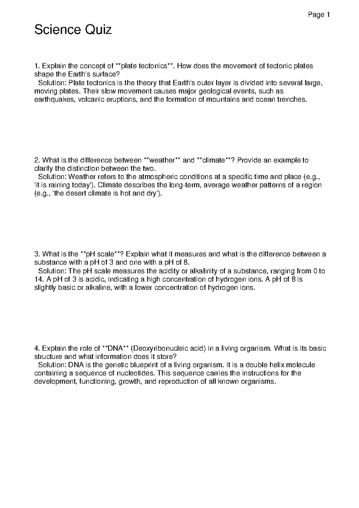 Quiz 10 Science (With Solutions) - Tectonic Plates, Weather, pH, DNA ...
