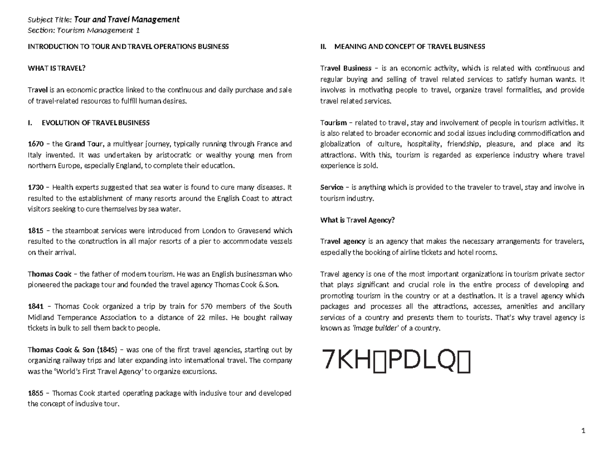Handout #1 - Section: Tourism Management 1 INTRODUCTION TO TOUR AND ...