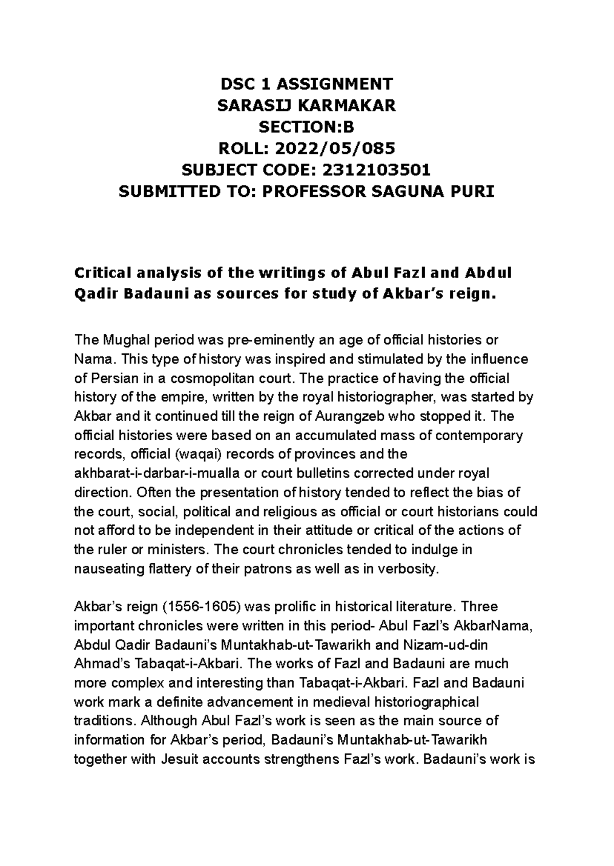 DSC 1 SEM 5 Critical Analysis of Abul Fazl & Badauni's Histories - Studocu