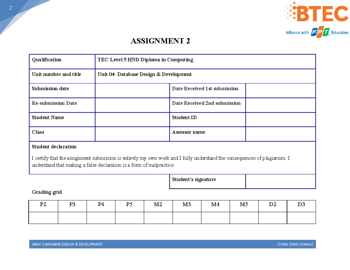 04-DDD.Assignment 2 frontsheet - 2 ASSIGNMENT 2 Qualification TEC Level 5 HND Diploma in ...