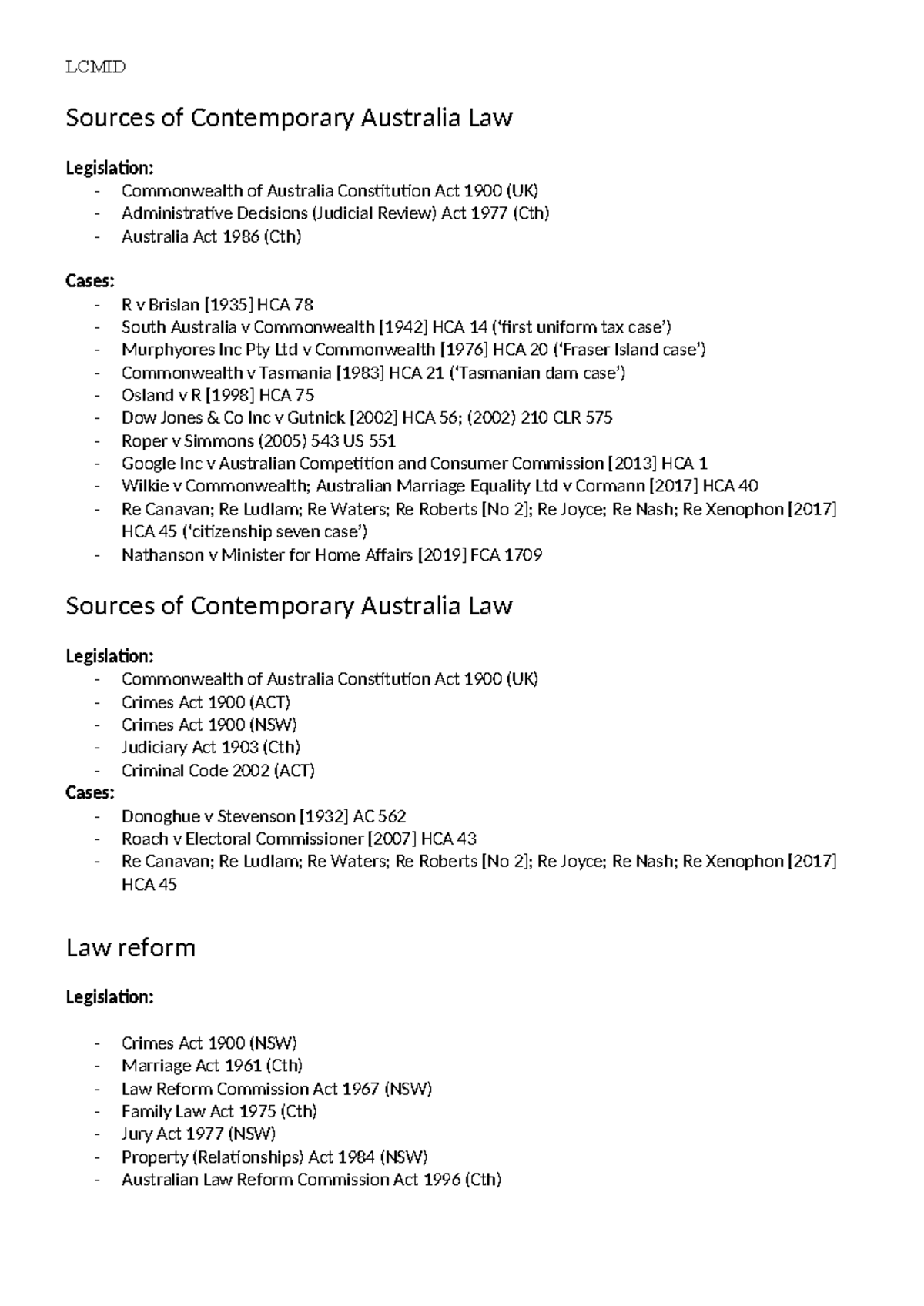 Summary of LCMID's - Sources of Contemporary Australia Law Legislation ...