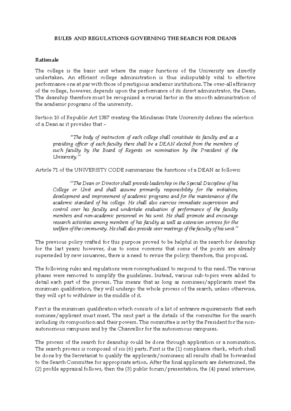 Rules and Regulations Governing the Search for Deans - RULES AND ...