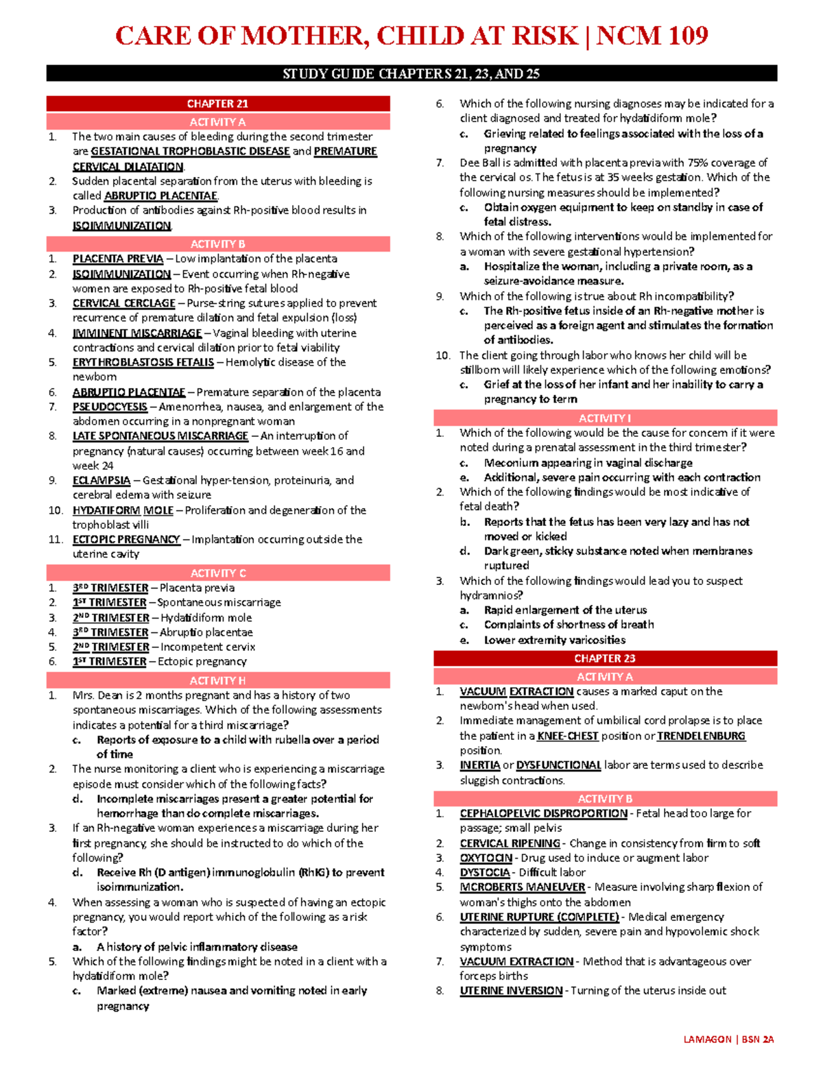 Study Guide for NCM 109: Chapters 21, 23, 25 Analysis - Studocu