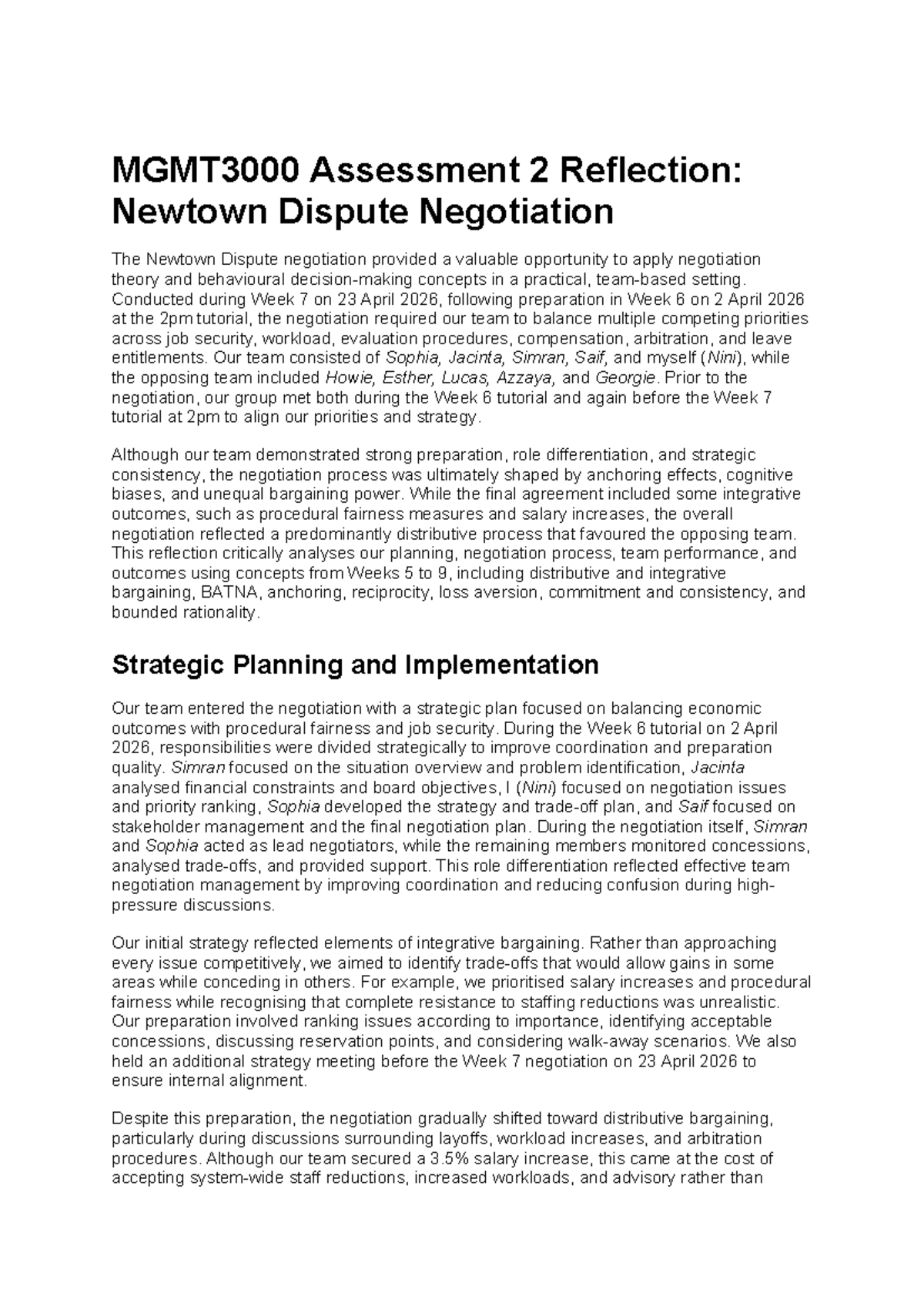 MGMT3000 Assessment 2 Reflection: Insights from Newtown Dispute ...
