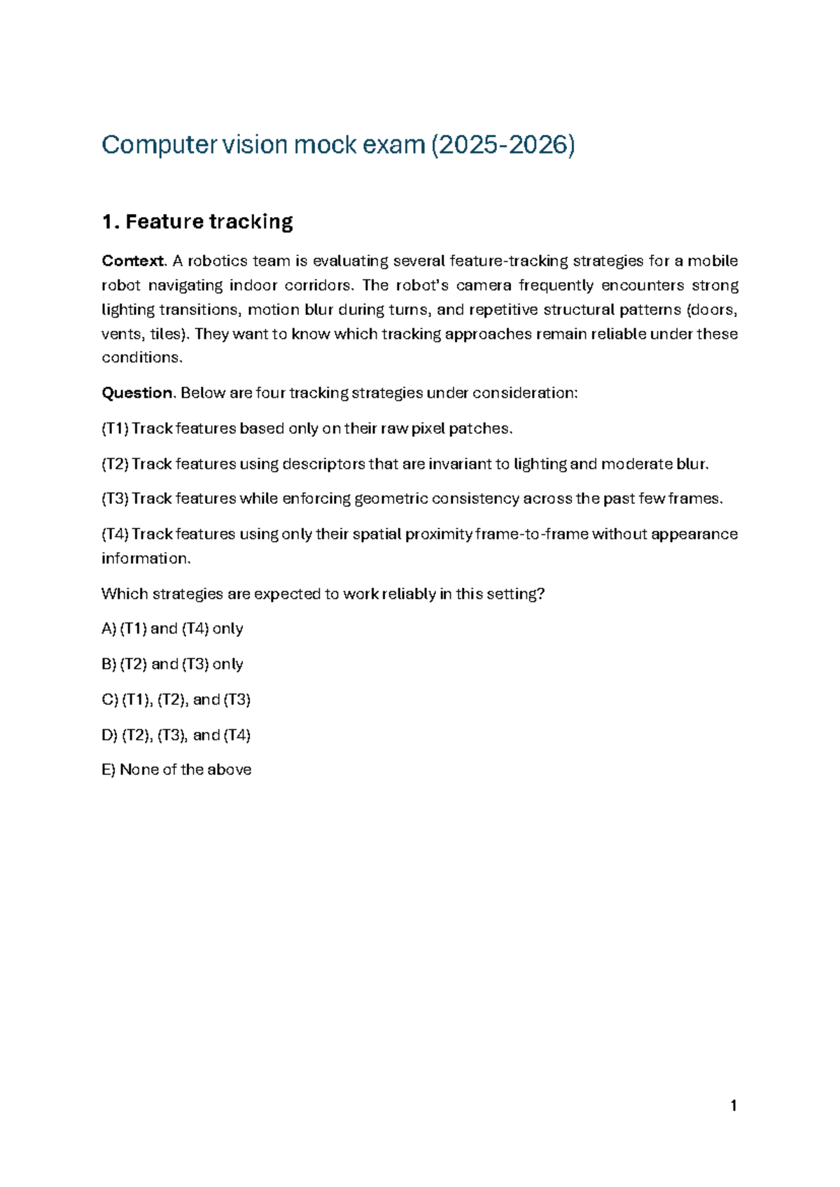 Computer Vision Mock Exam 1: Feature Tracking & Camera Models (2025 ...