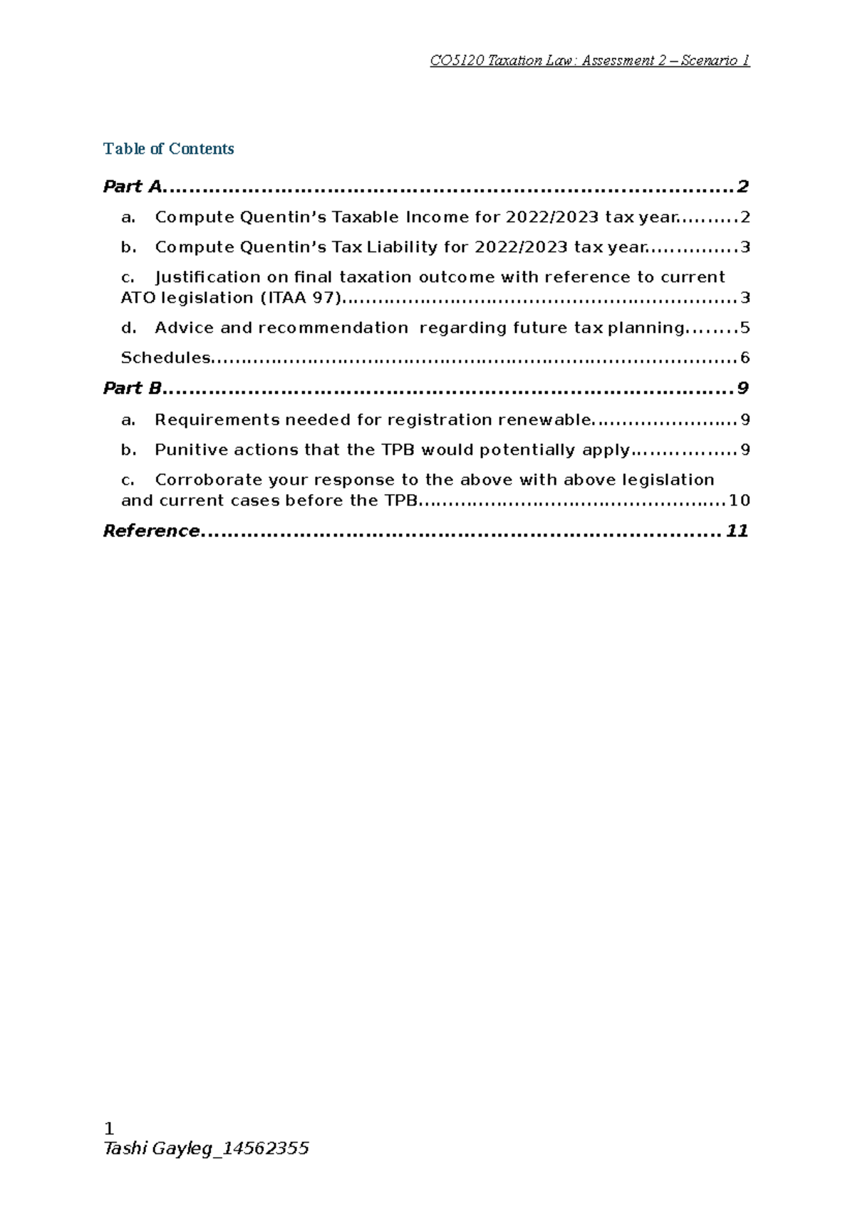 CO5120 Taxation Law Assessment 2: Scenario Analysis of Quentin's Tax ...