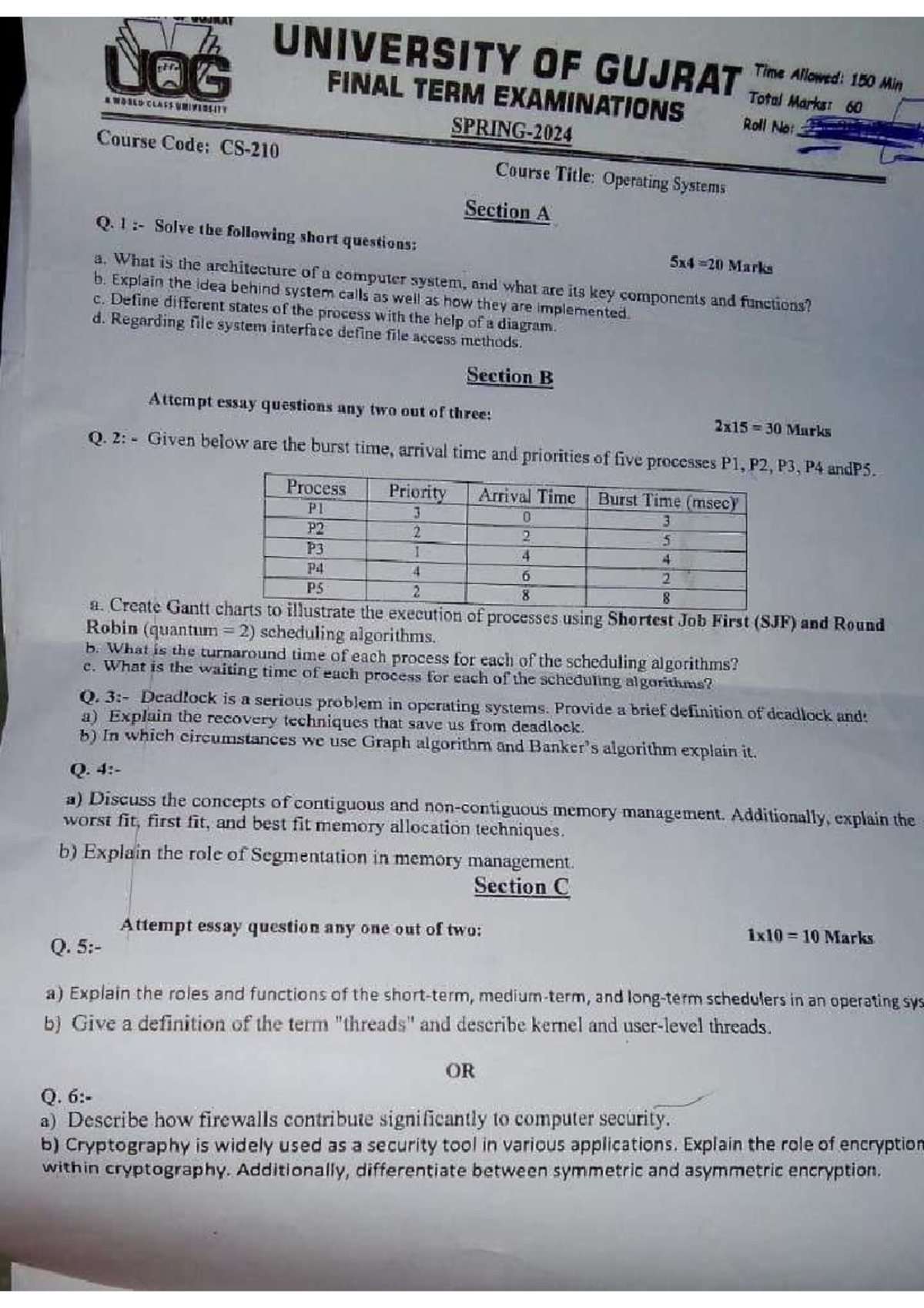 OS 2024 - Spring 2024 Final Term Exam Past Paper on Operating Systems ...