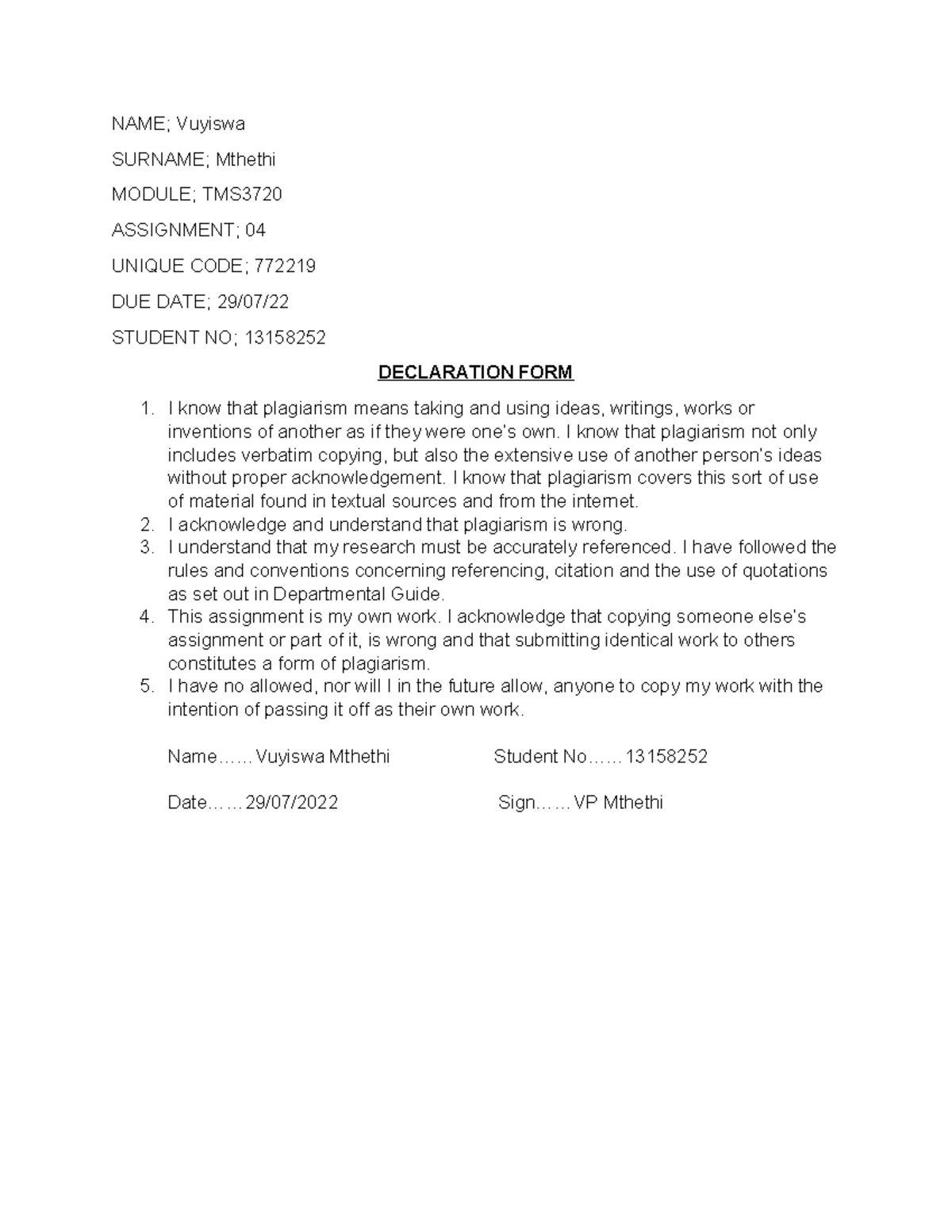 TMS3720 Assignment 04: Plagiarism Declaration & Poetry Analysis - Studocu
