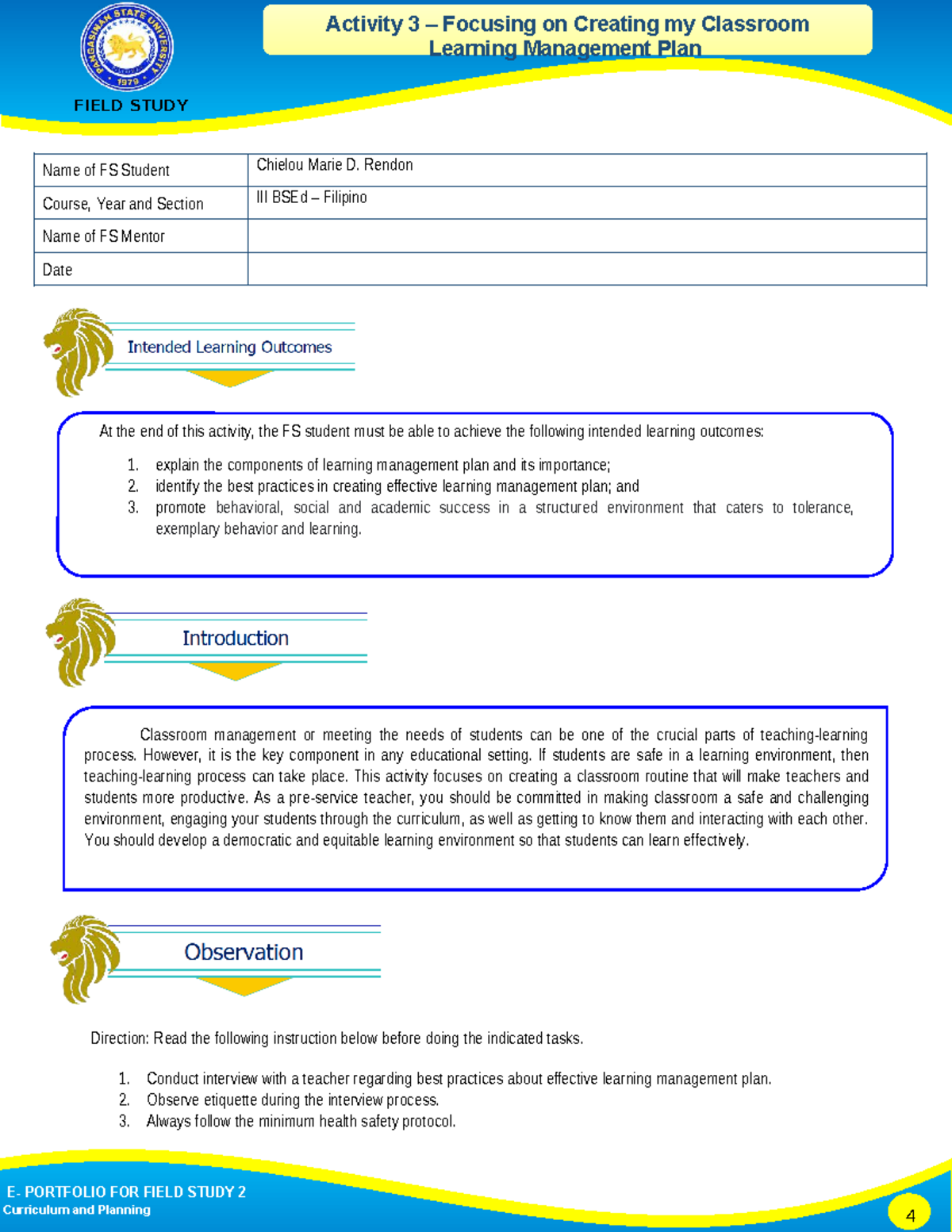 FS 2 Activity 3: Developing an Effective Classroom Learning Management ...
