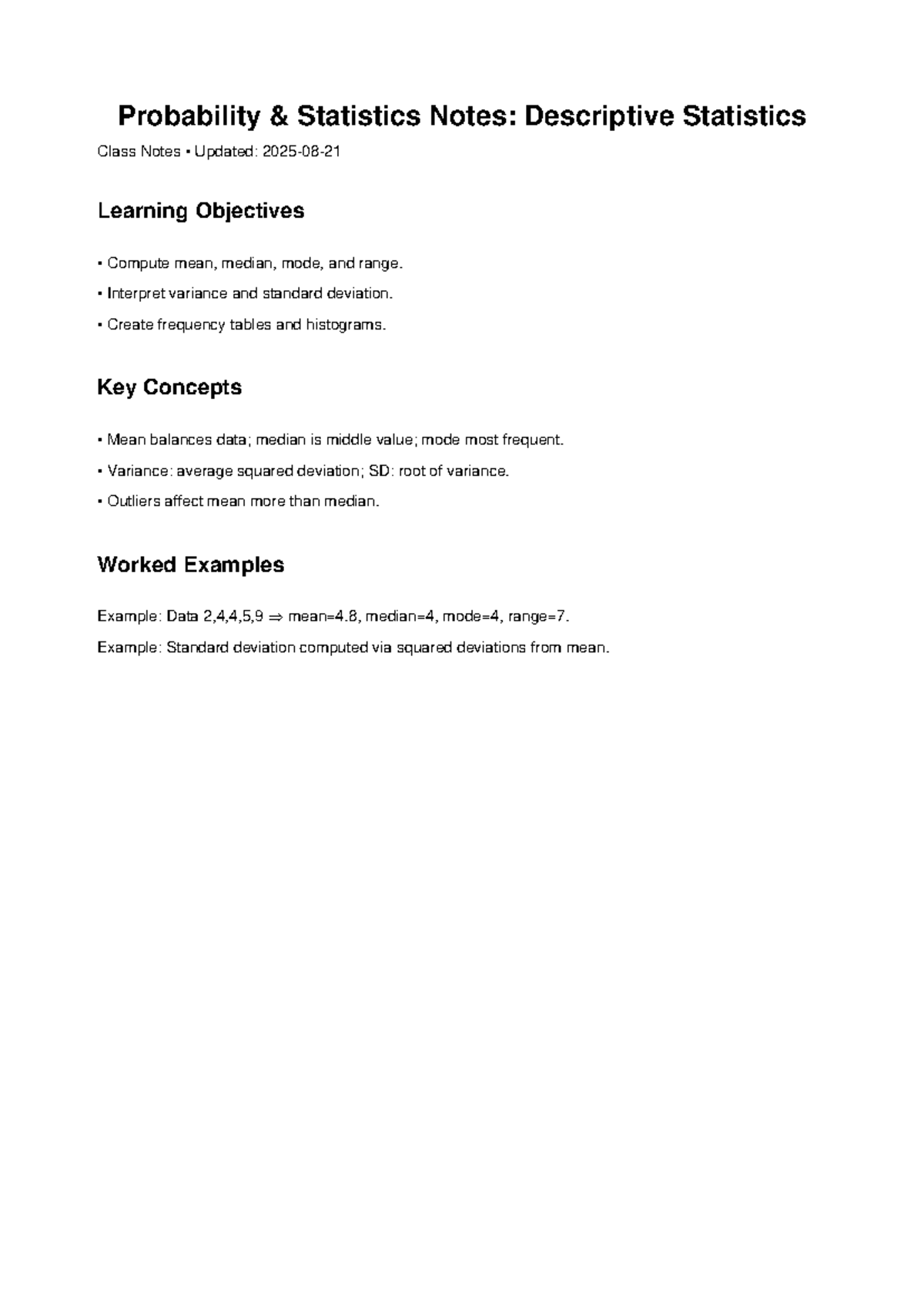 Probability Statistics Notes: Descriptive Stats & Key Concepts - Studocu