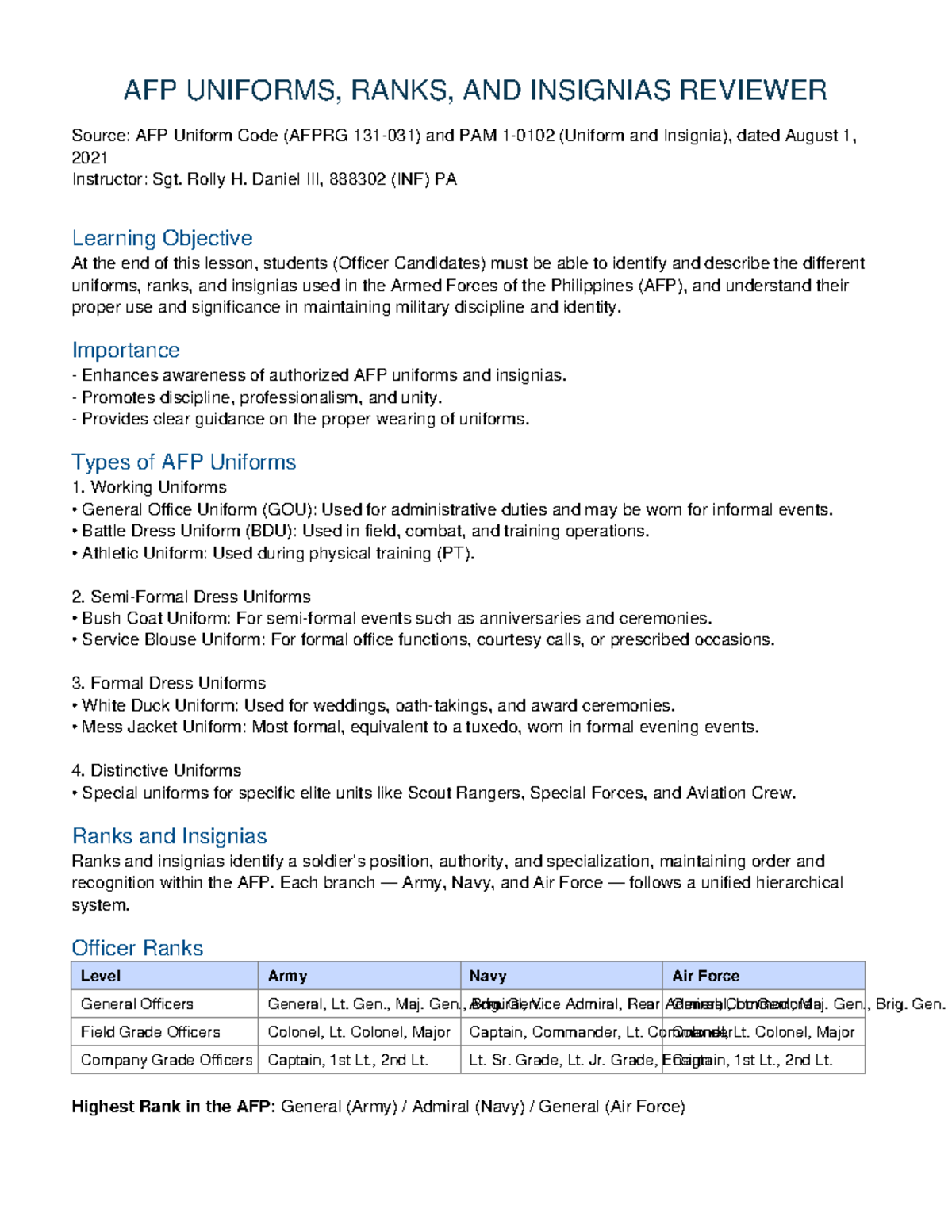 AFP Uniforms, Ranks, and Insignias Overview (AFPRG & PAM) - Studocu