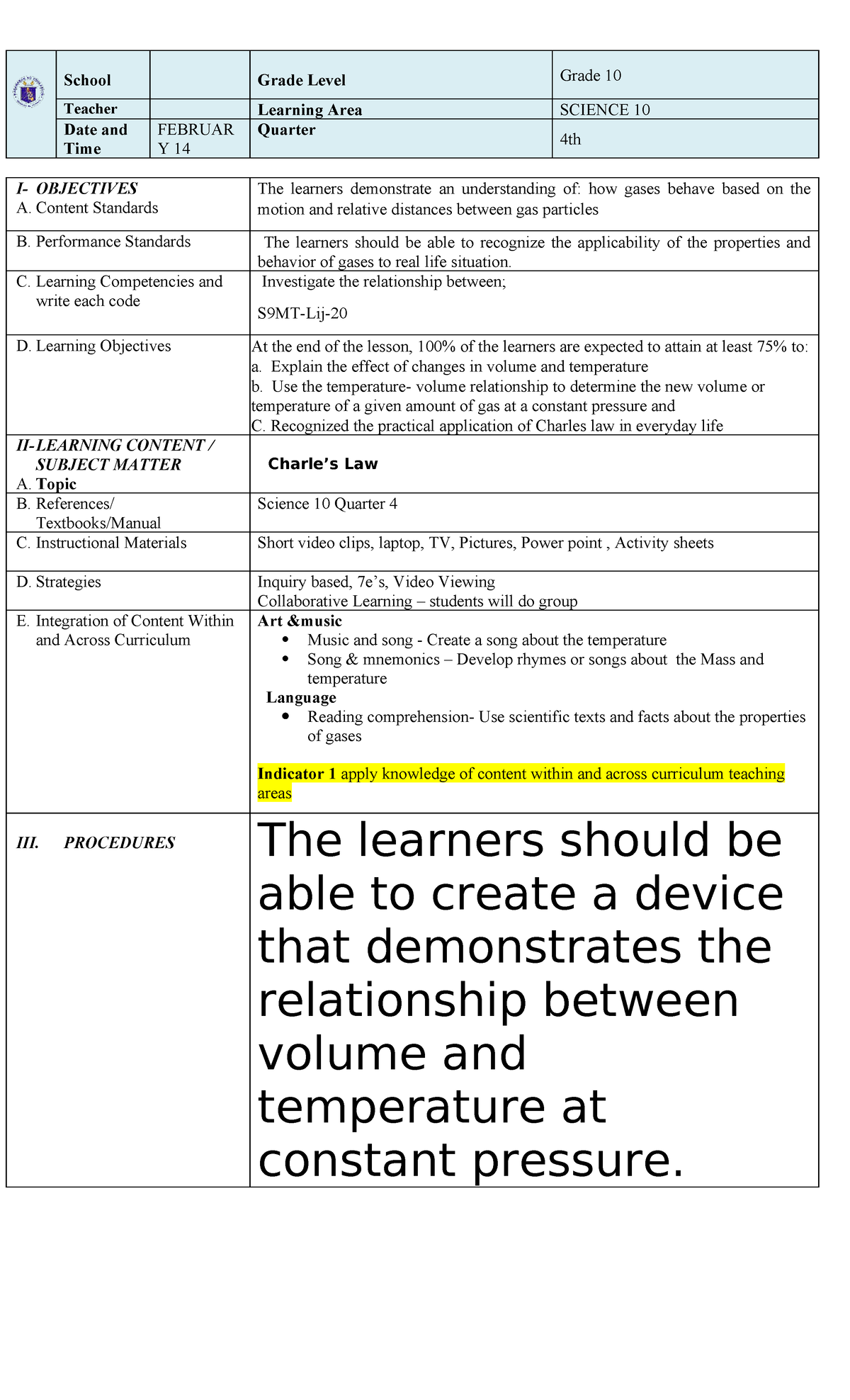 Charles Law - School Grade Level Grade 10 Teacher Learning Area SCIENCE ...