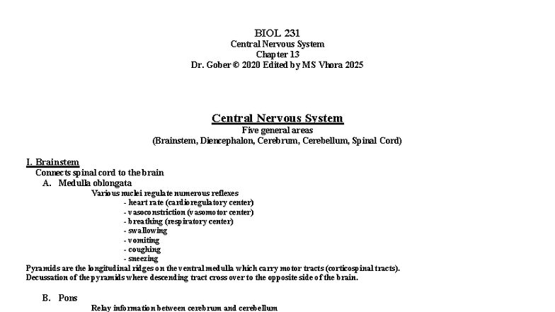 BIOL 231 Central Nervous System Lecture Notes - Chapter 13 Overview ...