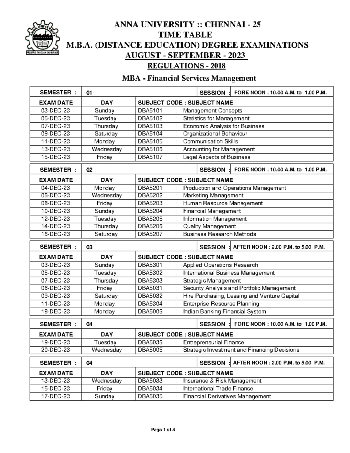 MBA 18 - Exam Time Table for Distance Education (Aug-Sep 2023) - Studocu