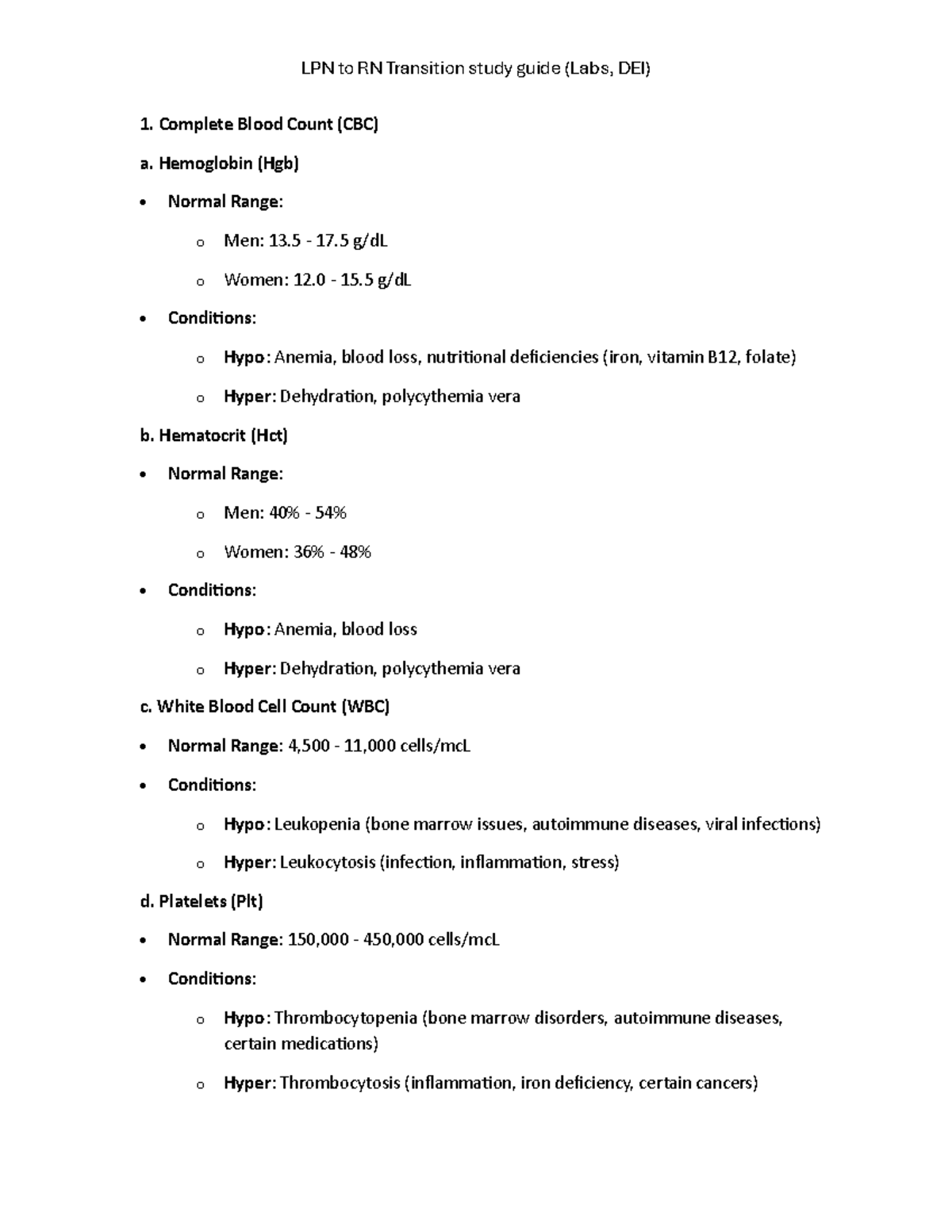 LPN transition study guide - 1. Complete Blood Count (CBC) a ...