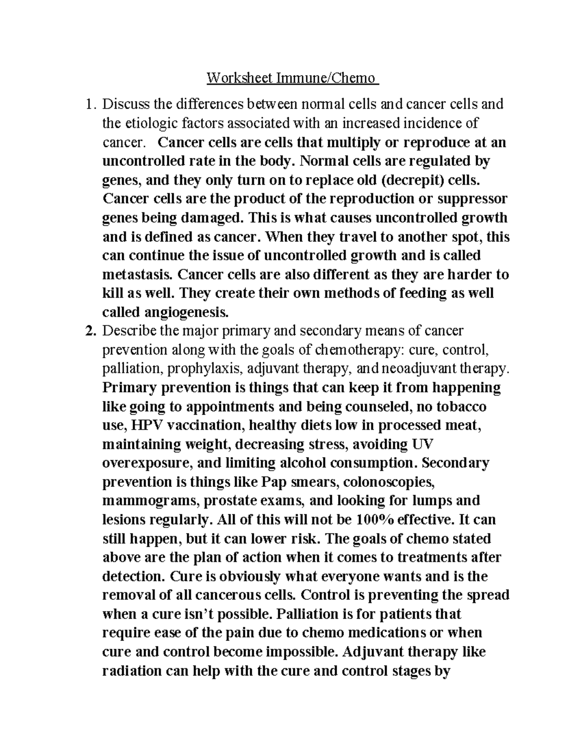 Worksheet 1: Differences Between Normal and Cancer Cells in Chemo - Studocu
