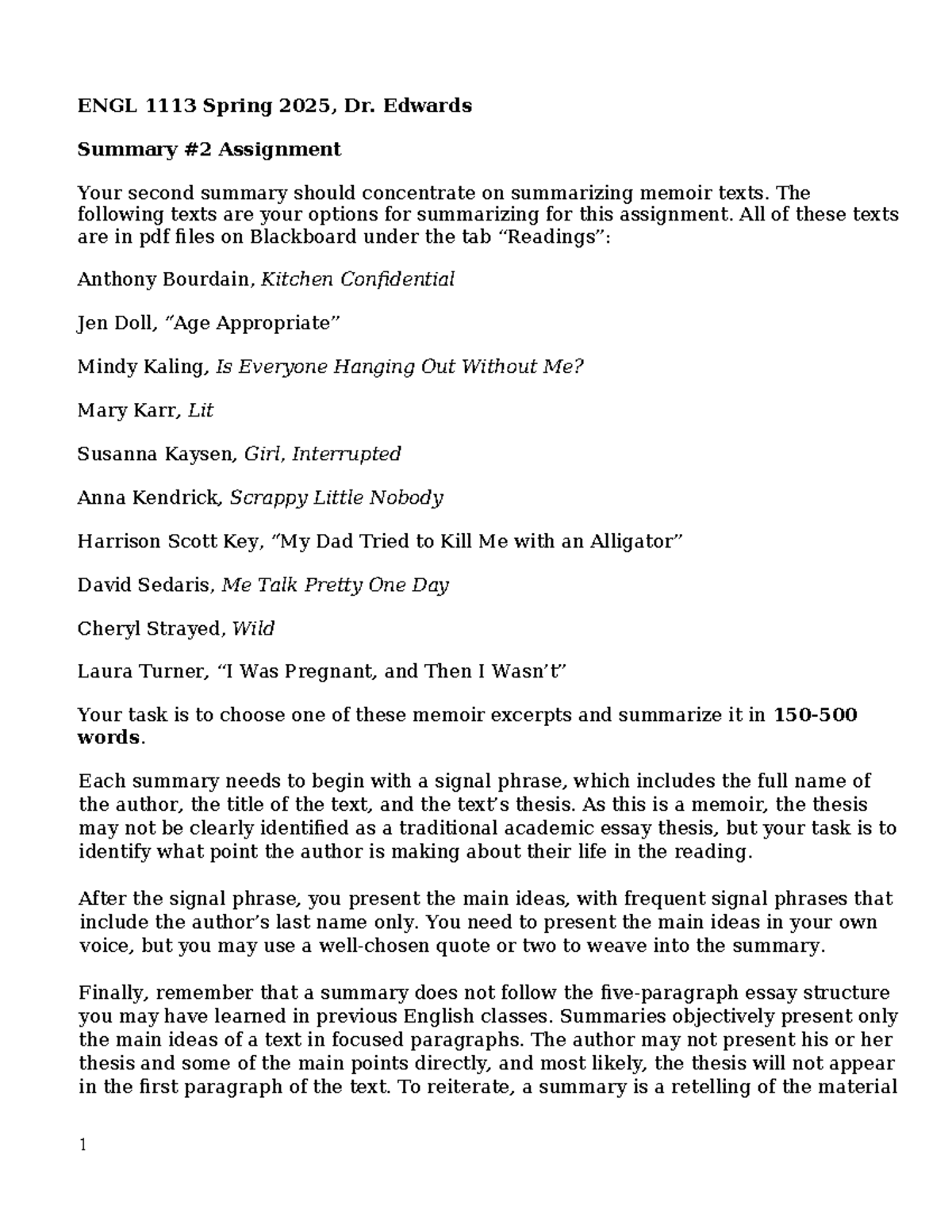 Memoir Text Analysis Summary Assignment for ENGL 1113 - Studocu