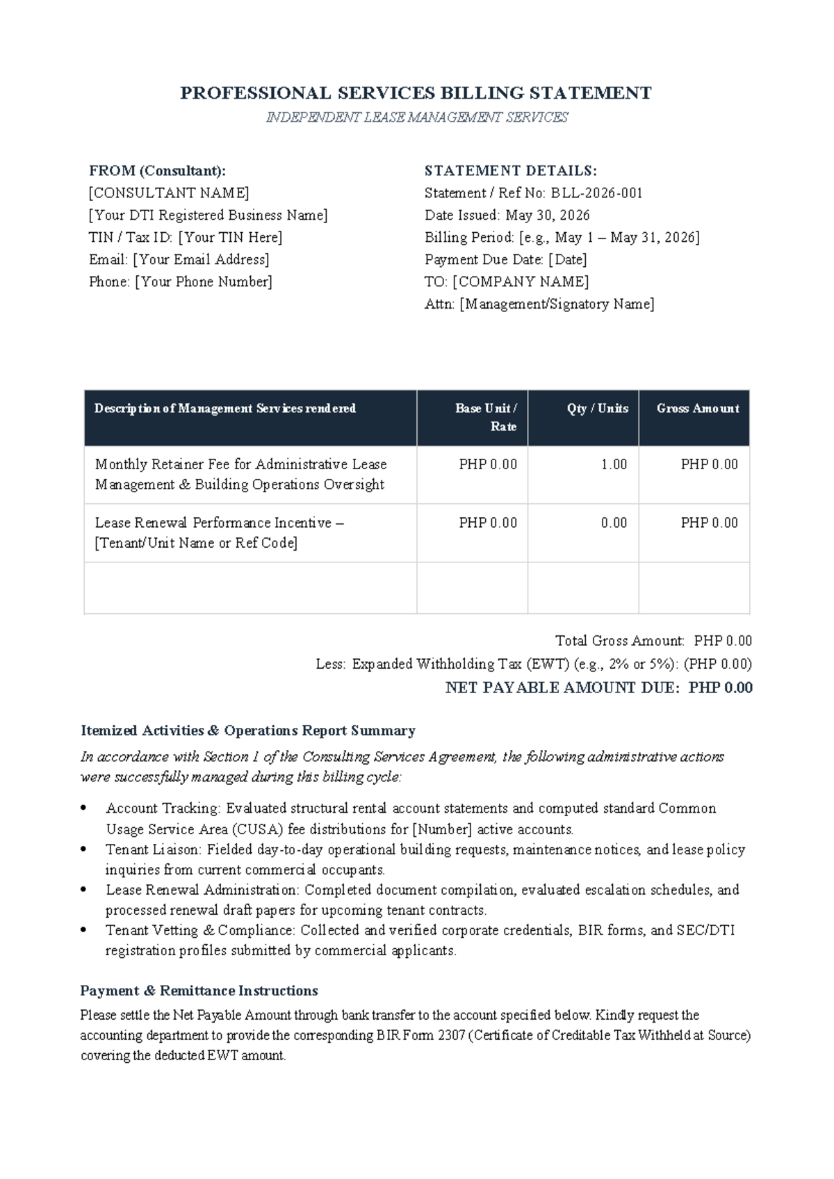 Lease Management Consulting Package - Professional Services Billing ...