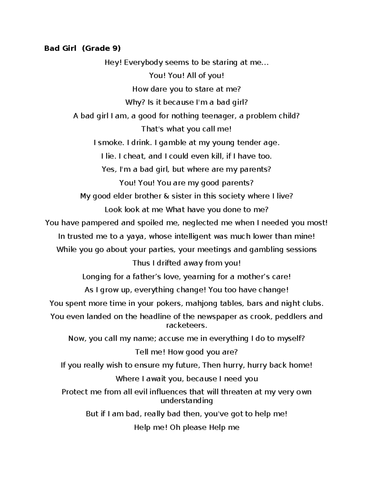 G9 Declamation Piece: The Struggles of a Bad Girl - Studocu