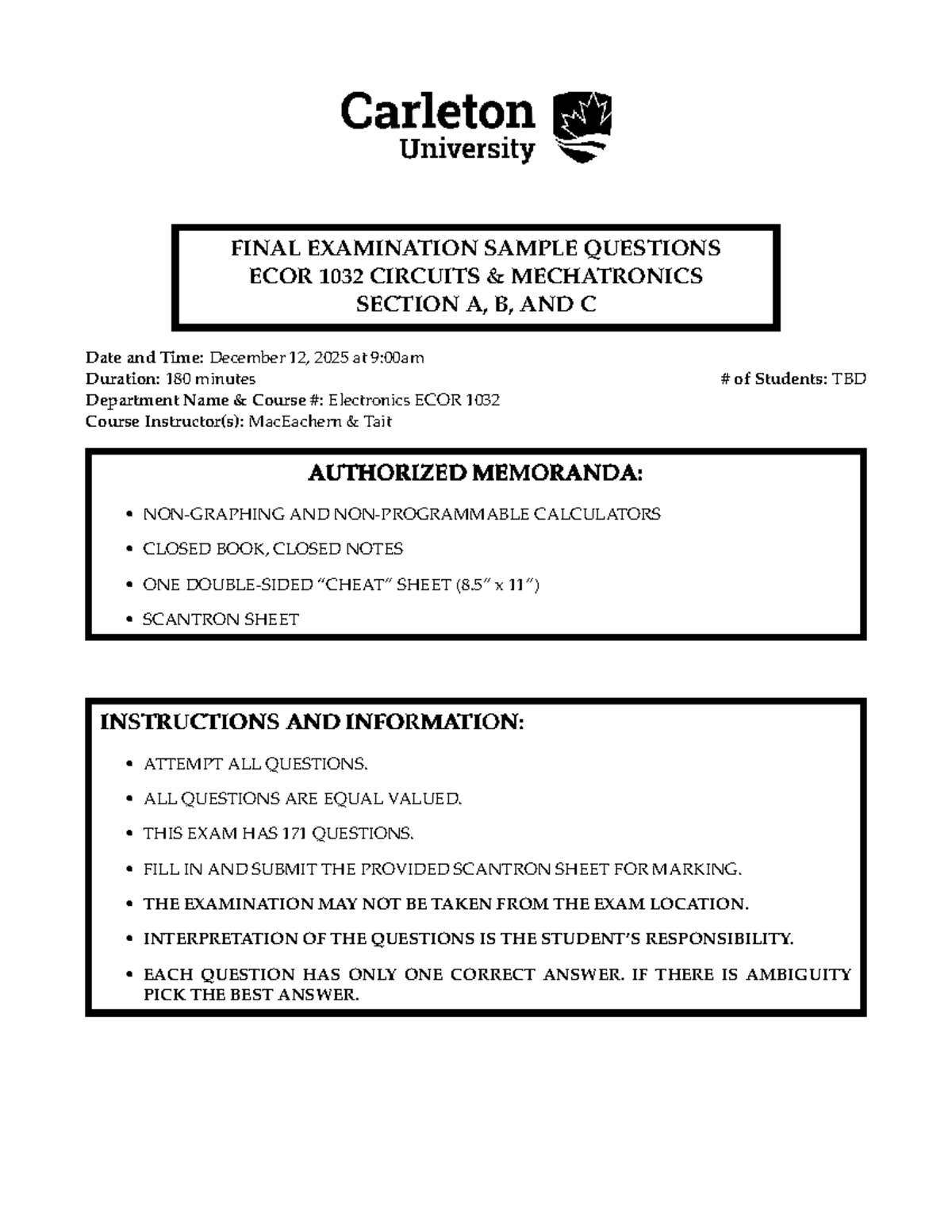 ECOR 1032 Final Exam Sample Questions - Circuits Mechatronics - Studocu