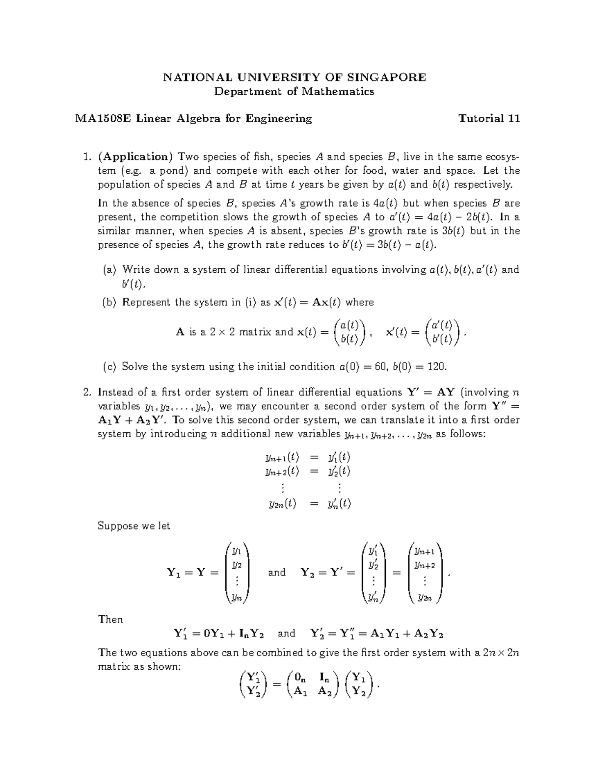 Tutorial 11 - NATIONAL UNIVERSITY OF SINGAPORE Department of ...