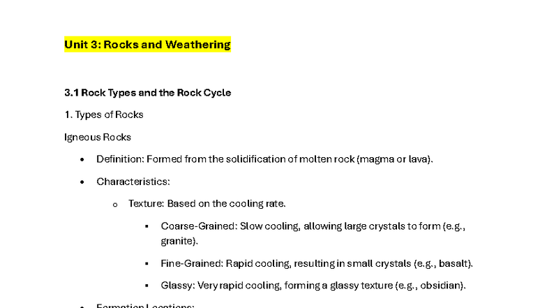 Unit 3: Rocks and Weathering - Types, Processes, and Impacts - Studocu