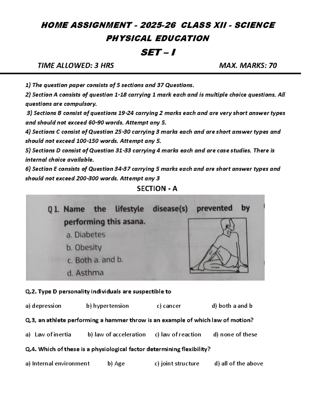 HOME ASSIGNMENT CLASS XII SCIENCE PHYSICAL EDUCATION SET I - 3 HRS, MAX ...
