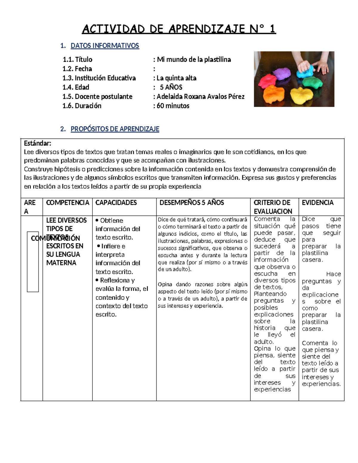 Clase Demostrativa 2024 - ACTIVIDAD DE APRENDIZAJE N° 1 1. DATOS INFORMATIVOS 1. Título : Mi ...