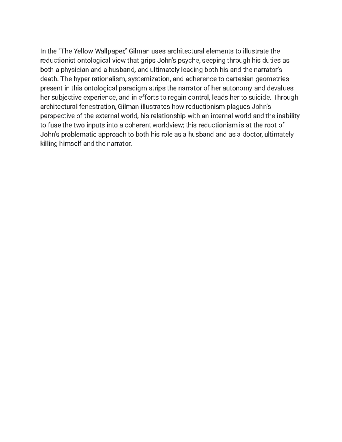 ENG101 - Essay Analysis of "The Yellow Wallpaper" by Gilman - Studocu