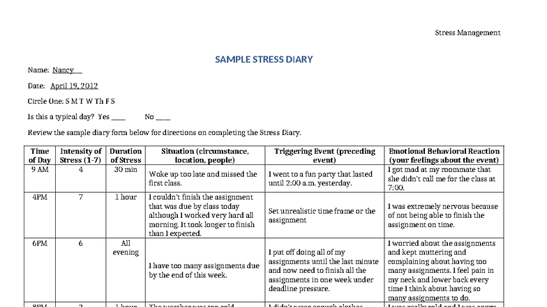 Stress Management Diary Sample: Tracking Daily Stressors - Studocu