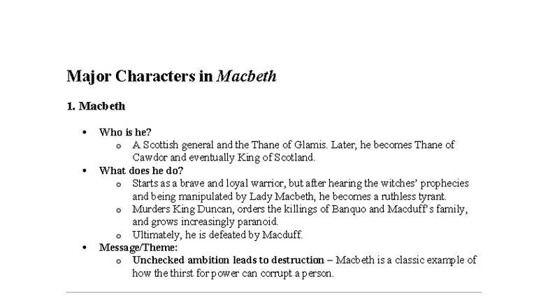 Macbeth (ENG 101) - Analysis of Major Characters and Themes - Studeersnel