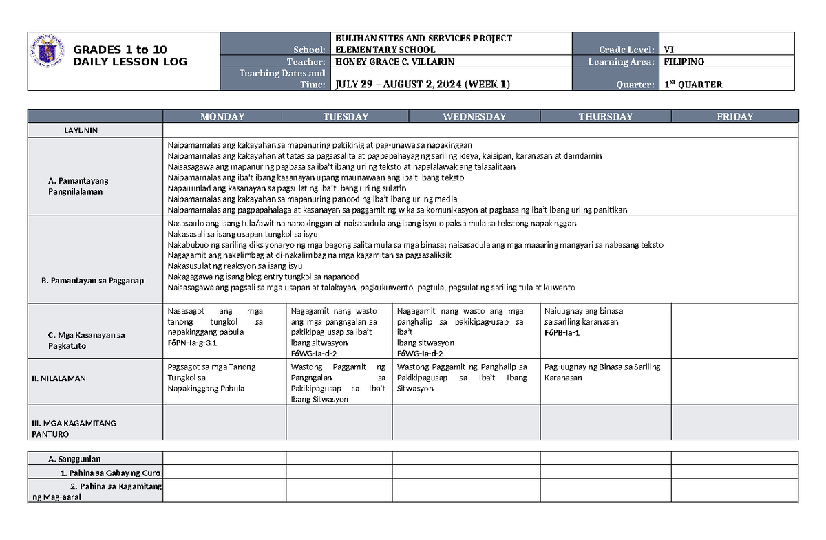 DLL Filipino 6 Q1 Week 1 Lesson Plan and Activities - Studocu
