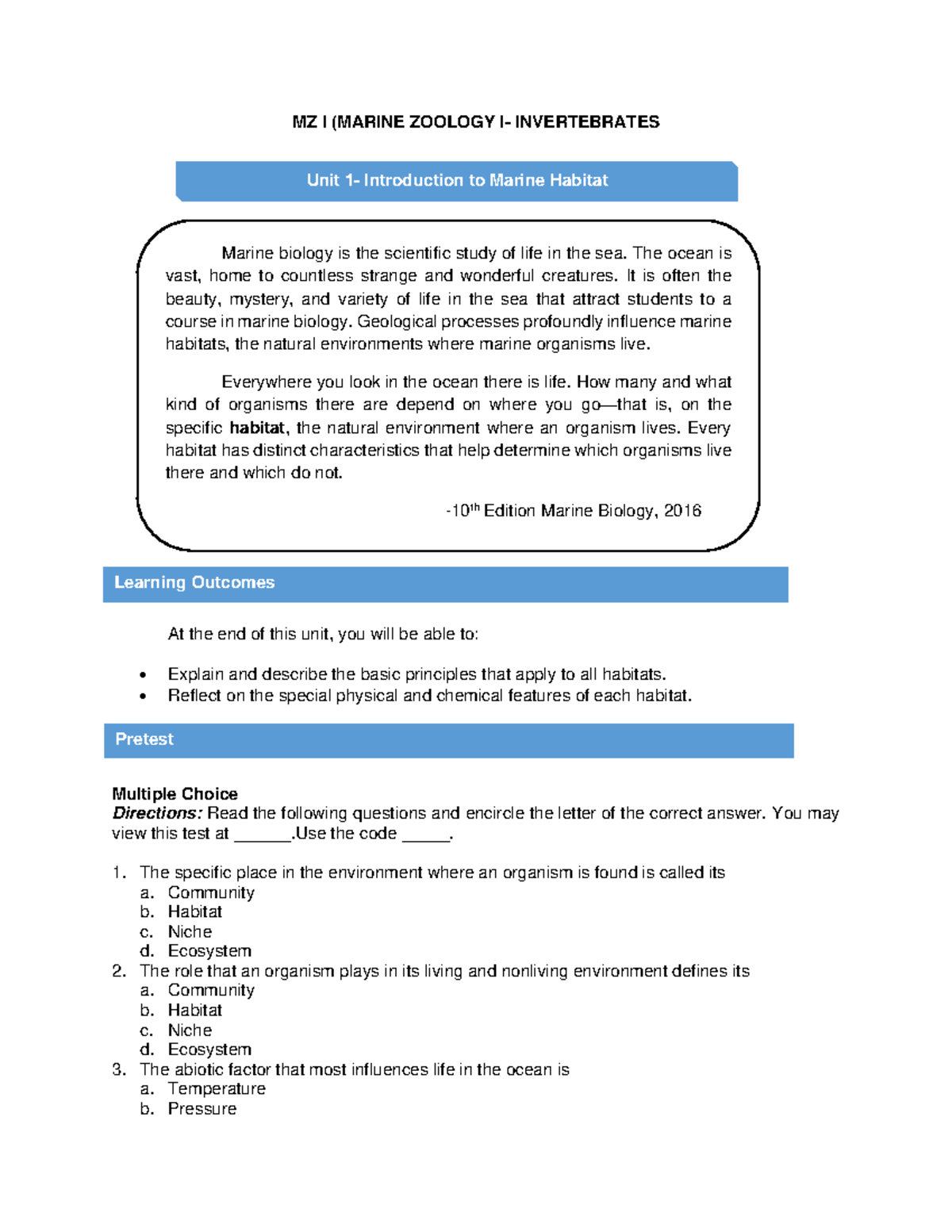 Marine Zoology (Invertebrate) - MZ I (MARINE ZOOLOGY I- INVERTEBRATES ...