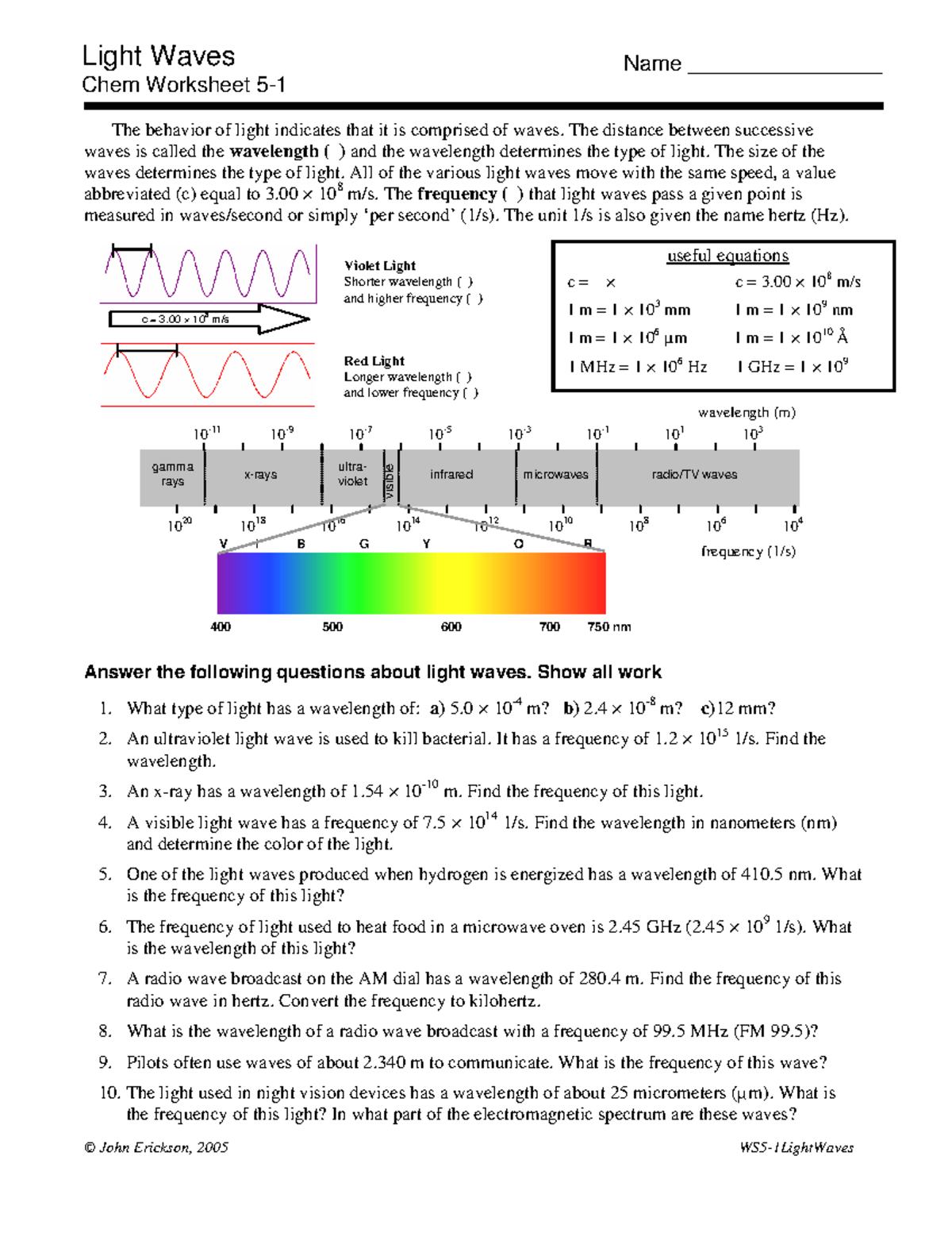 5-1 Light Waves - CHCHEM Worksheet & Notes on Light Behavior - Studocu