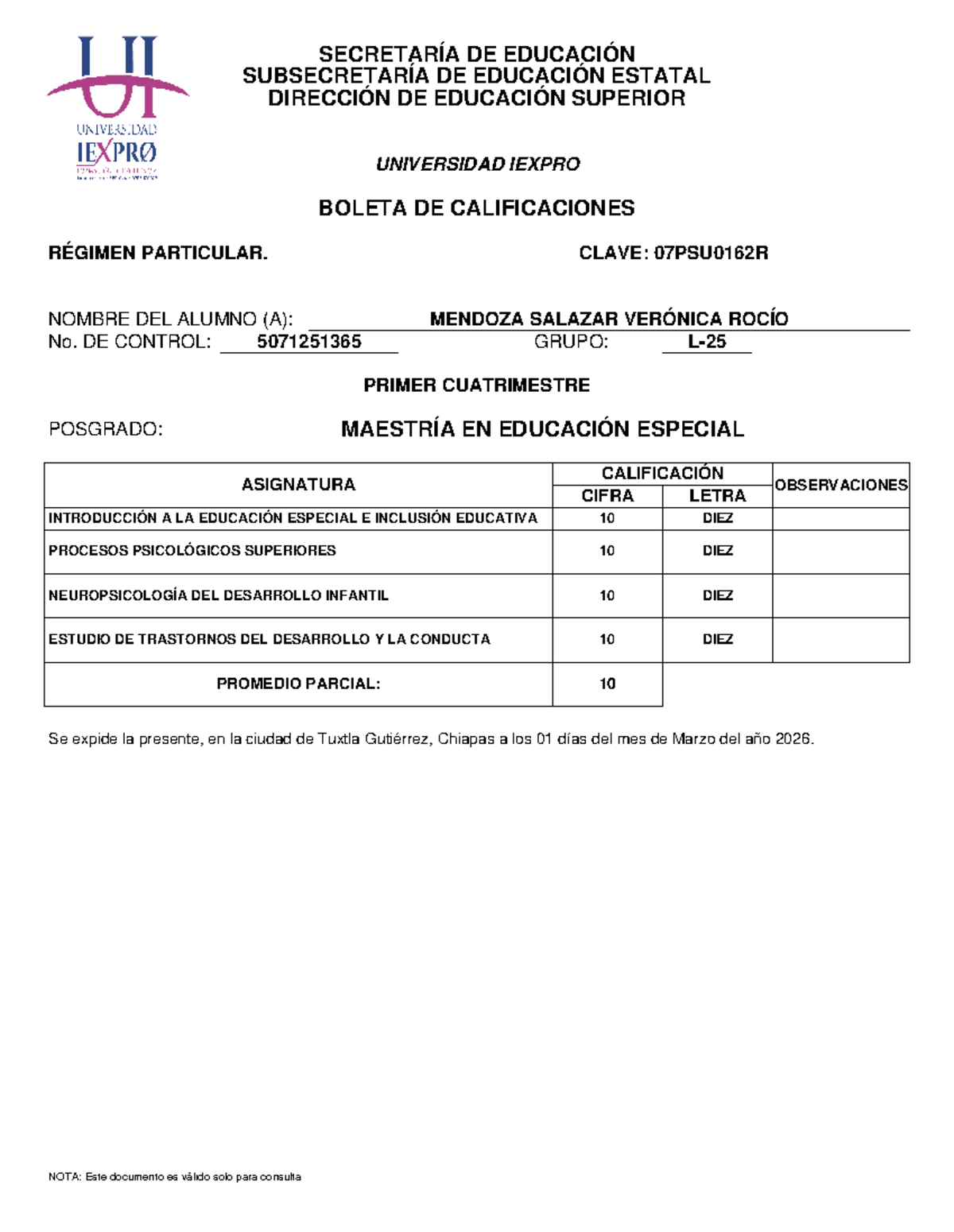 Boleta de Calificaciones - Maestría en Educación Especial 07PSU0162R ...