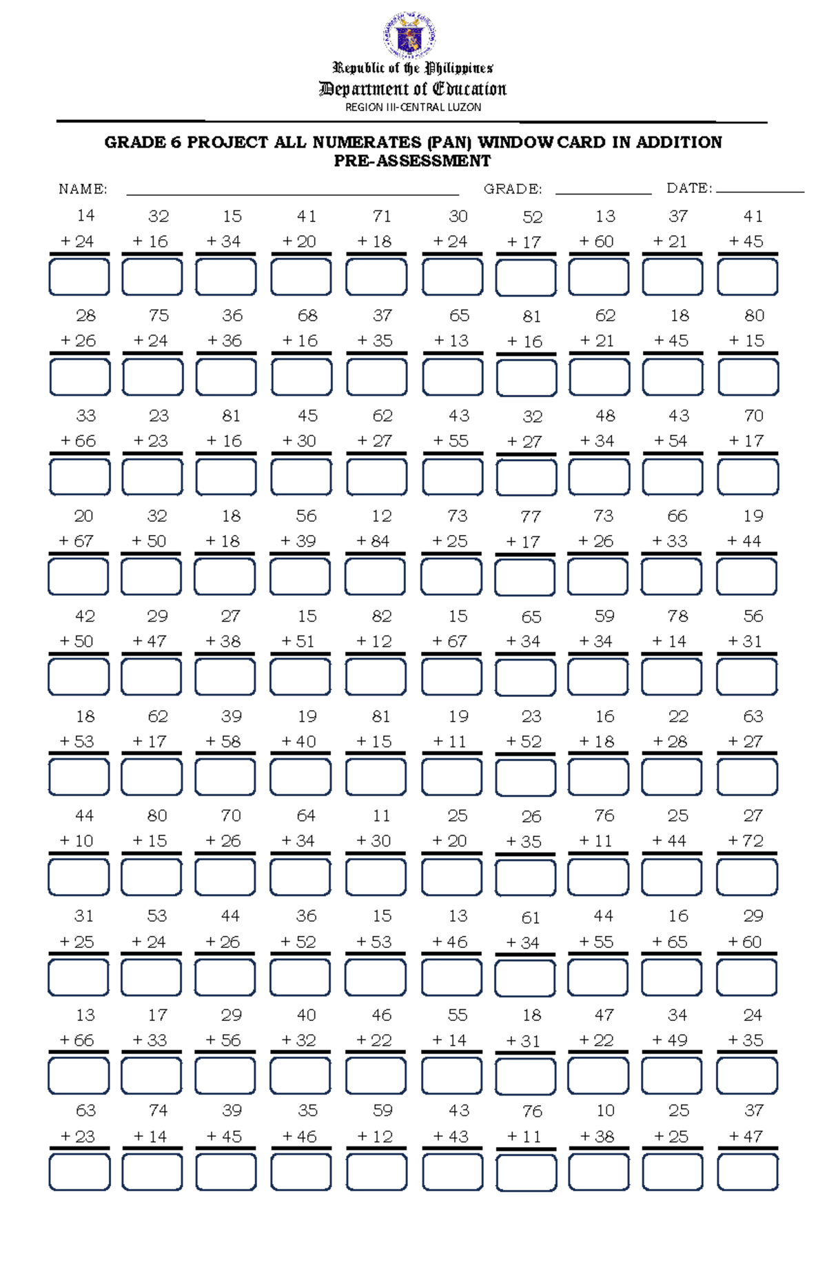Grade 6 PRE Assessment Window Cards for Addition & Subtraction - Studocu