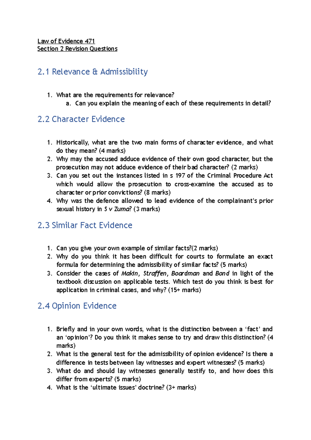 LOE 471 Section 2 Revision: Key Questions on Evidence Law - Studocu