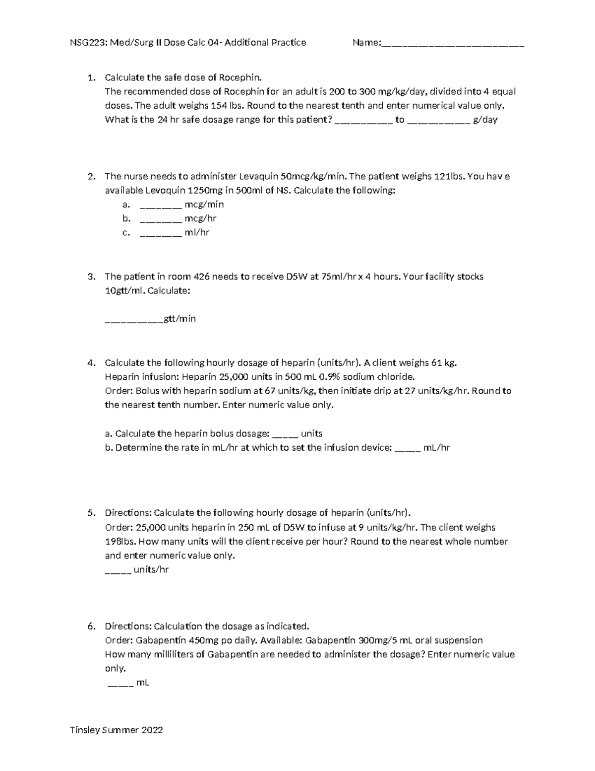 NSG223: Med/Surg II Dose Calculation Practice 1 - Studocu