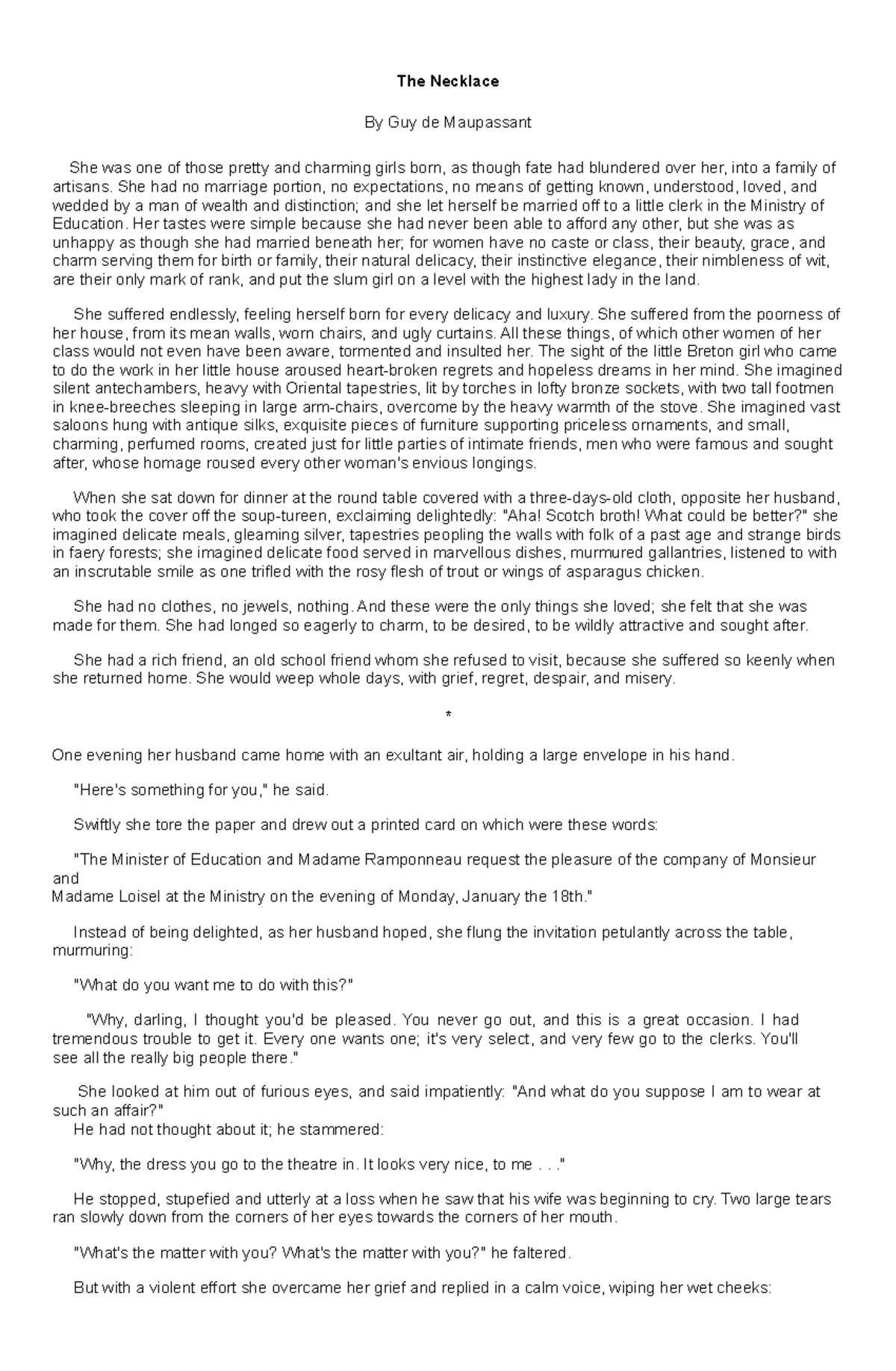 The Necklace - Analysis and Themes of Guy de Maupassant's Story - Studocu