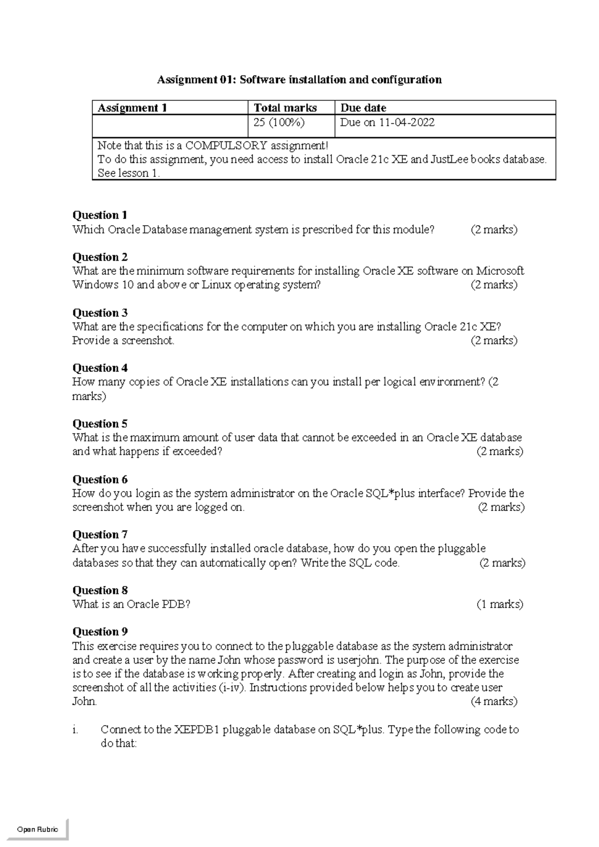 INF3707- Assignment 01 - Assignment 01: Software installation and configuration Assignment 1 ...