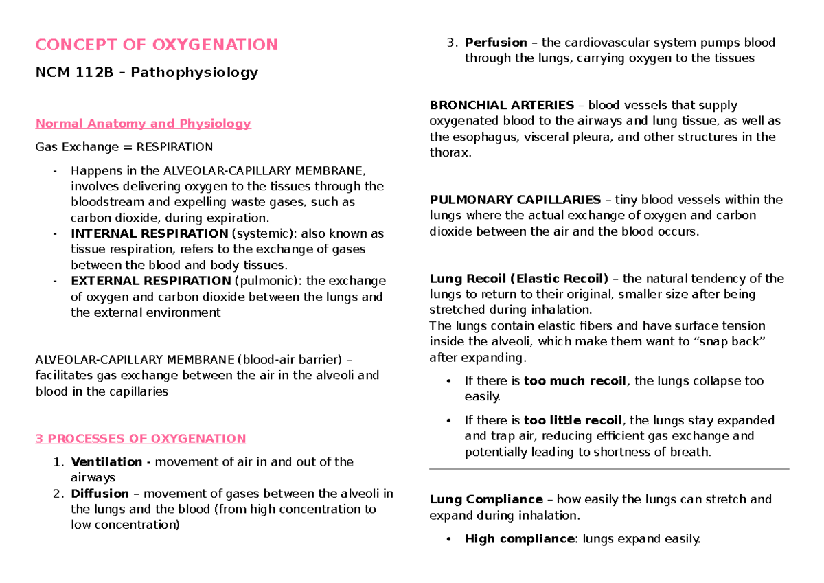 Concept of Oxygenation NCM 112B: Pathophysiology & Gas Exchange - Studocu